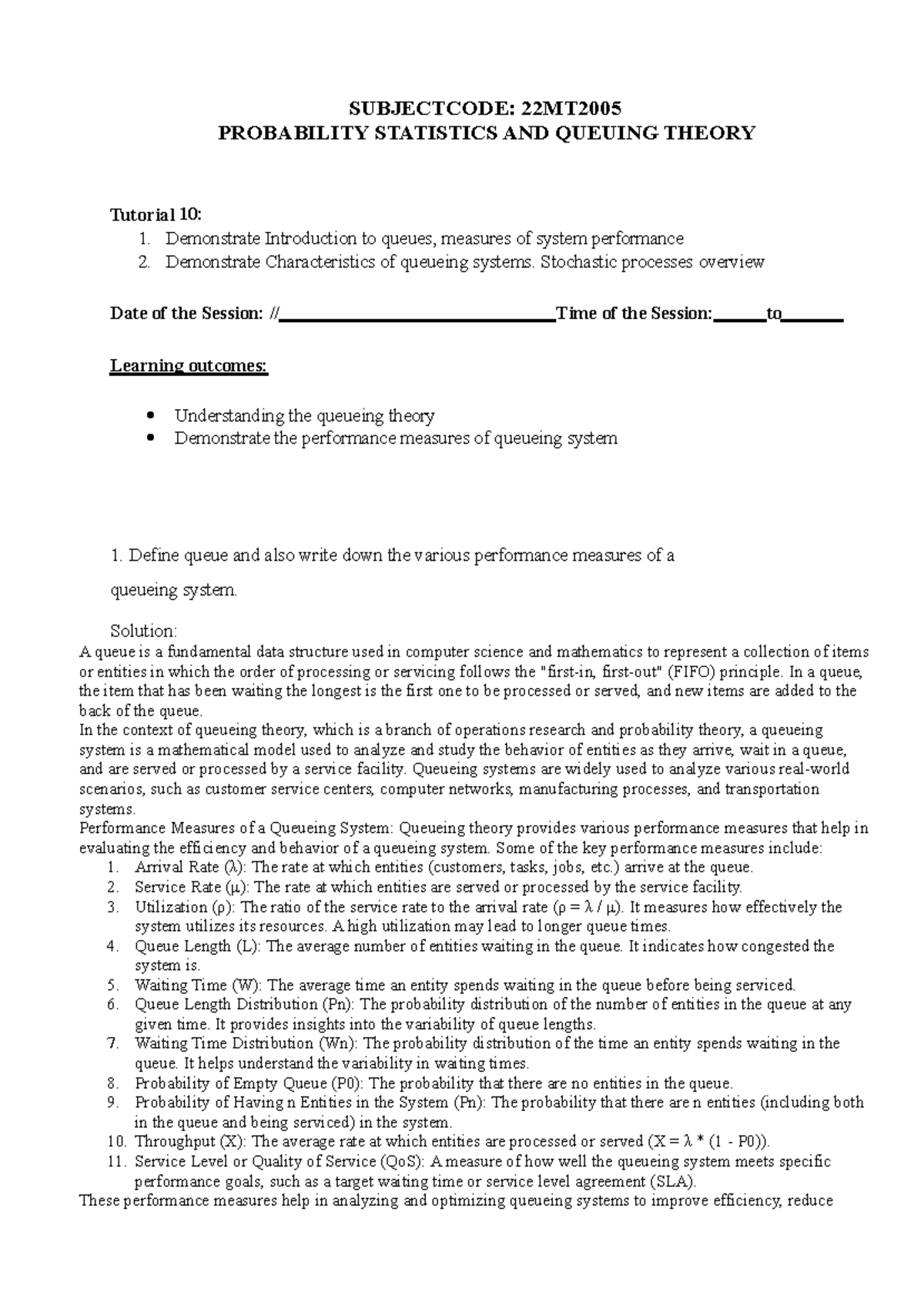 Week10 tutorial - Probability - SUBJECTCODE: 22MT PROBABILITY STATISTICS AND QUEUING THEORY ...