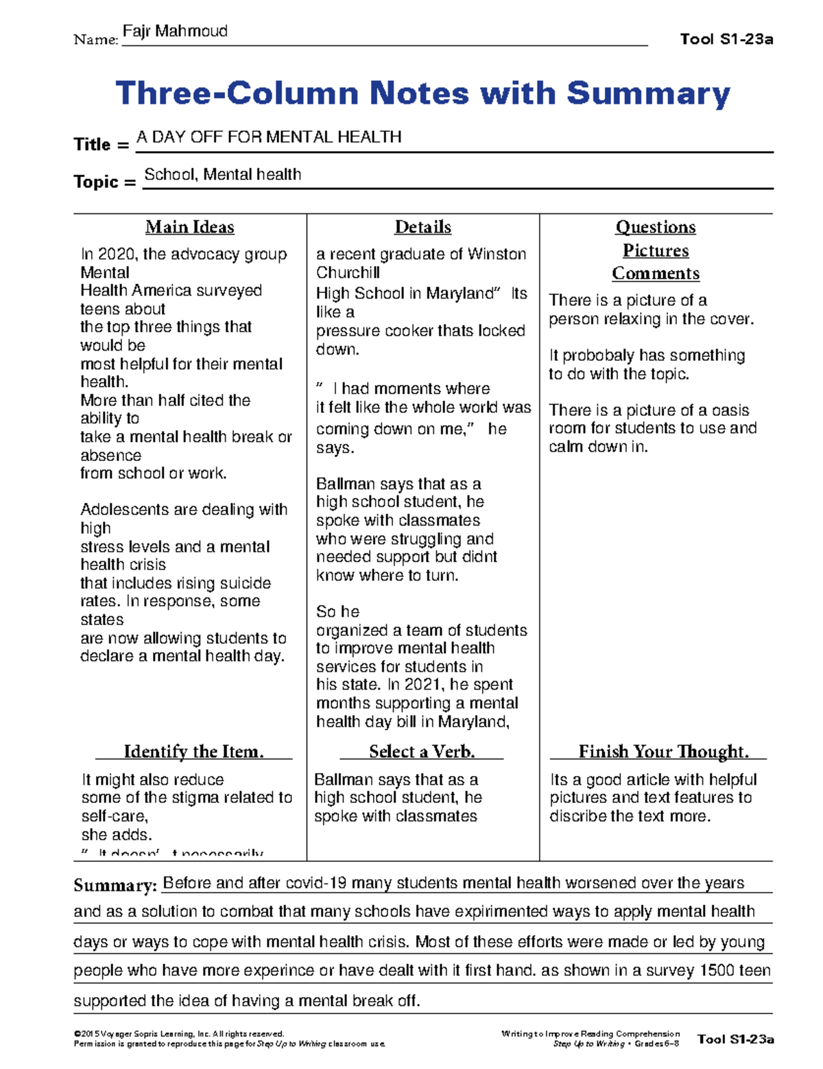 S1-23a Three-Column Notes with Summary - Name: Tool S1-23a ©2015 ...