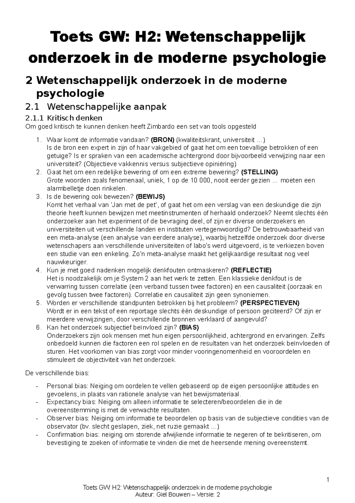 Toets GW - H2 - Wetenschappelijk onderzoek in de moderne psychologie - Toets GW: H2: - Studocu
