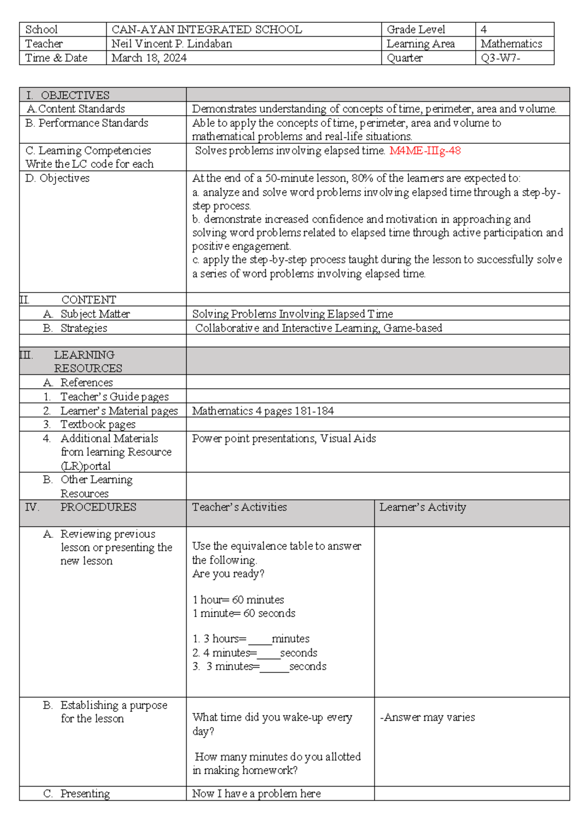 Math 4 lesson plan- March 14 - School CAN-AYAN INTEGRATED SCHOOL Grade ...