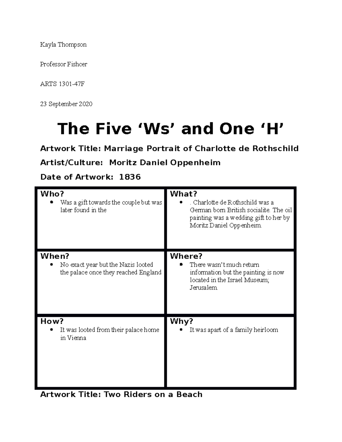 Five Ws & H Template - Kayla Thompson Professor Fishcer ARTS 1301-47F ...