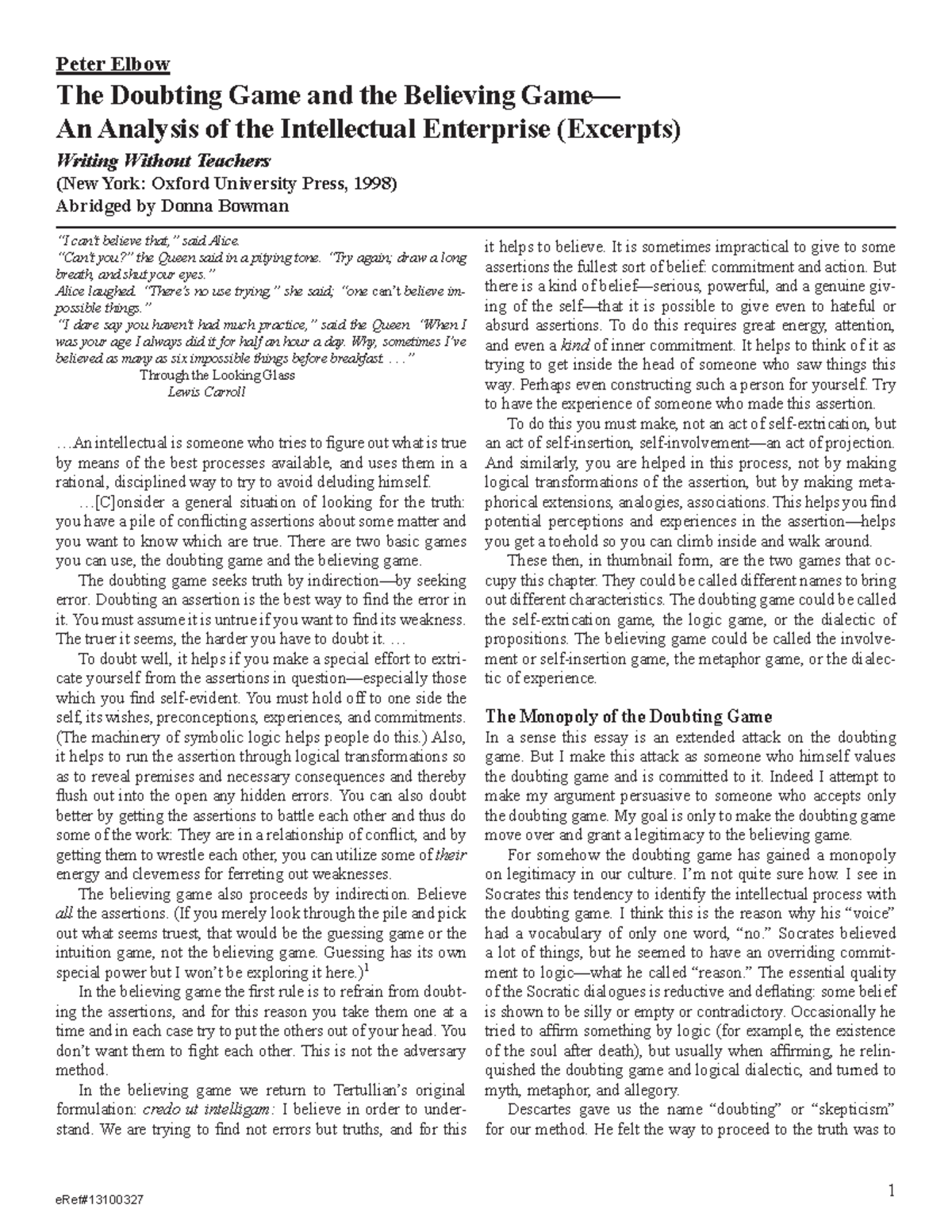 Elbow - 1 Peter Elbow The Doubting Game and the Believing Game— An ...