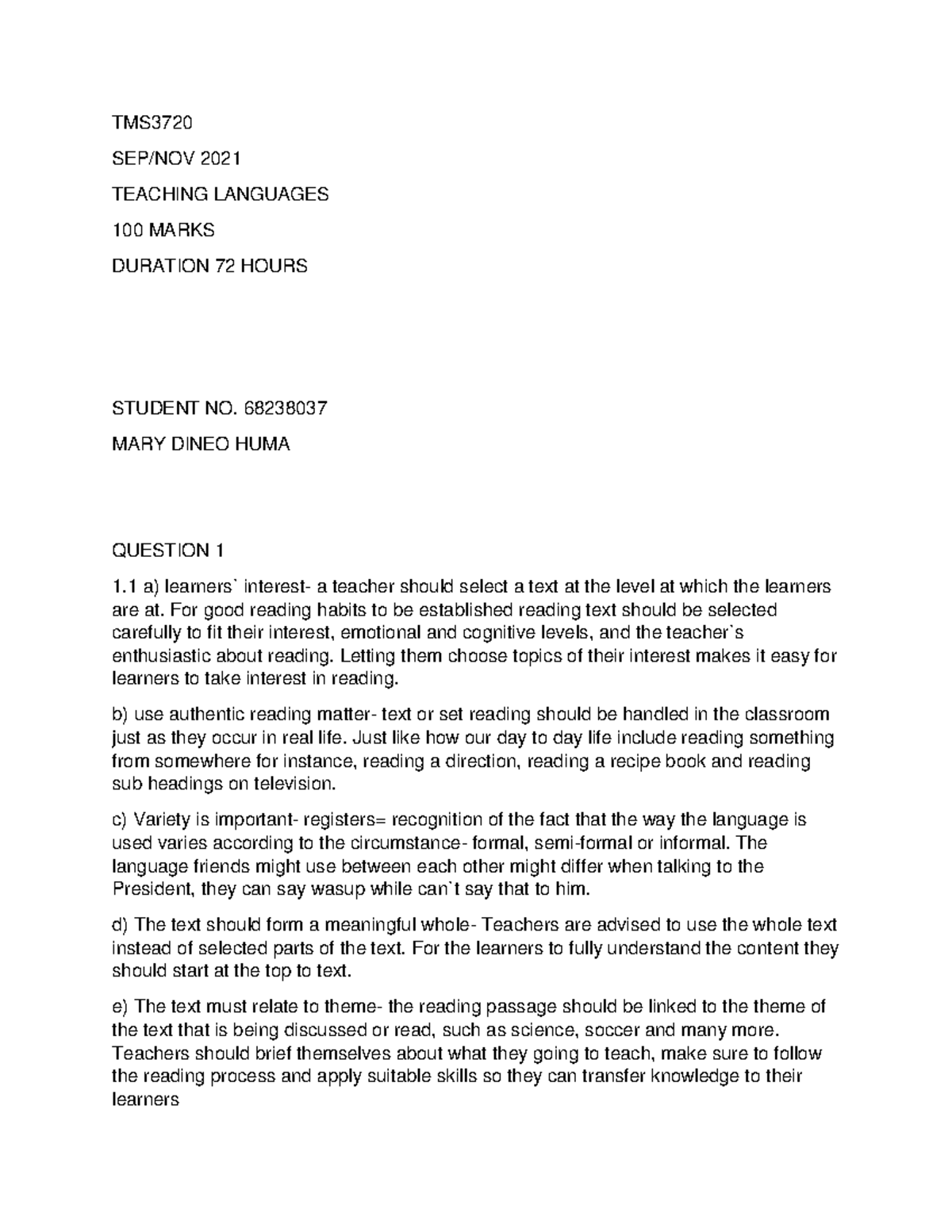 TMS3720 portfolio - TMS SEP/NOV 2021 TEACHING LANGUAGES 100 MARKS ...