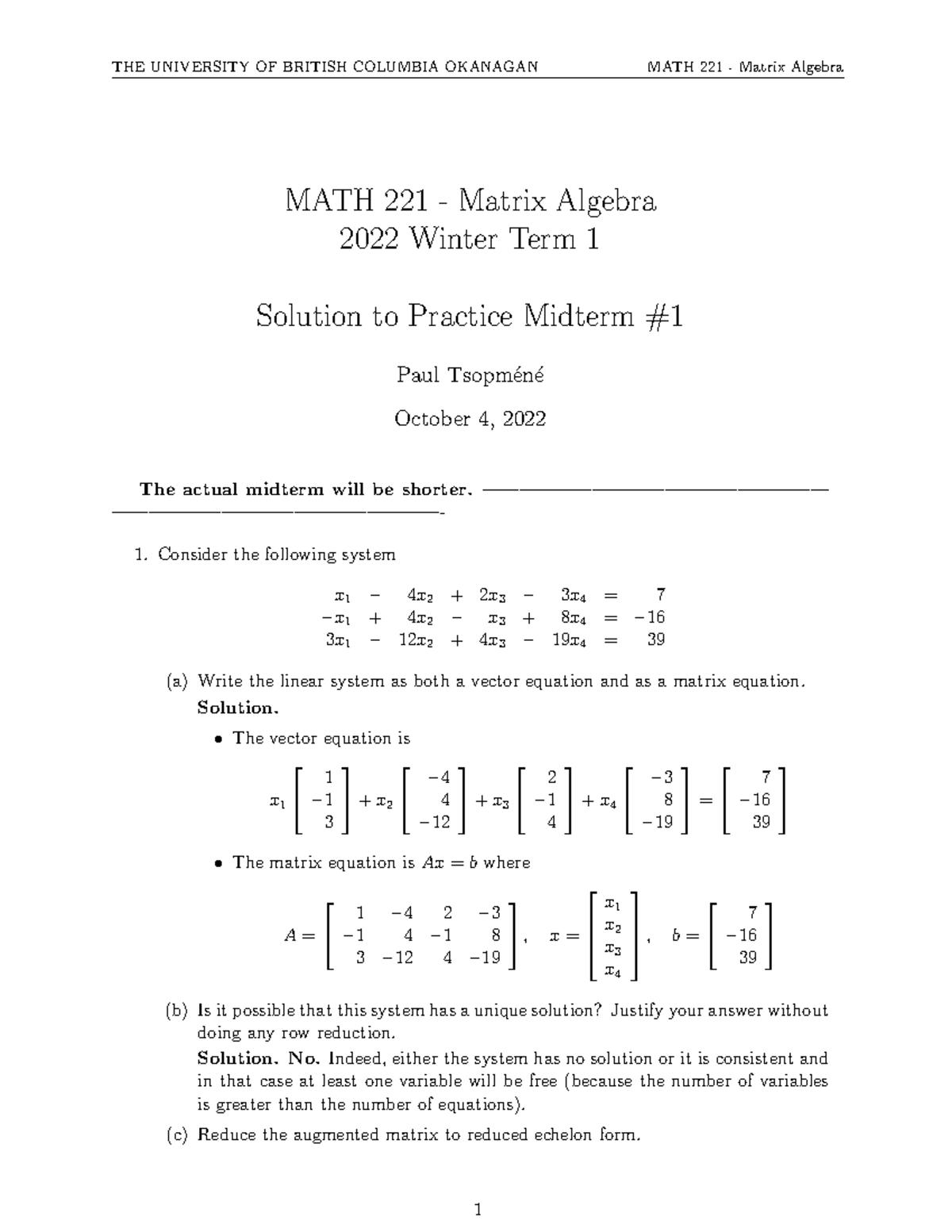 Solution 221 Practice Midterm#1 W2022-T1 - MATH 221 - Matrix Algebra ...