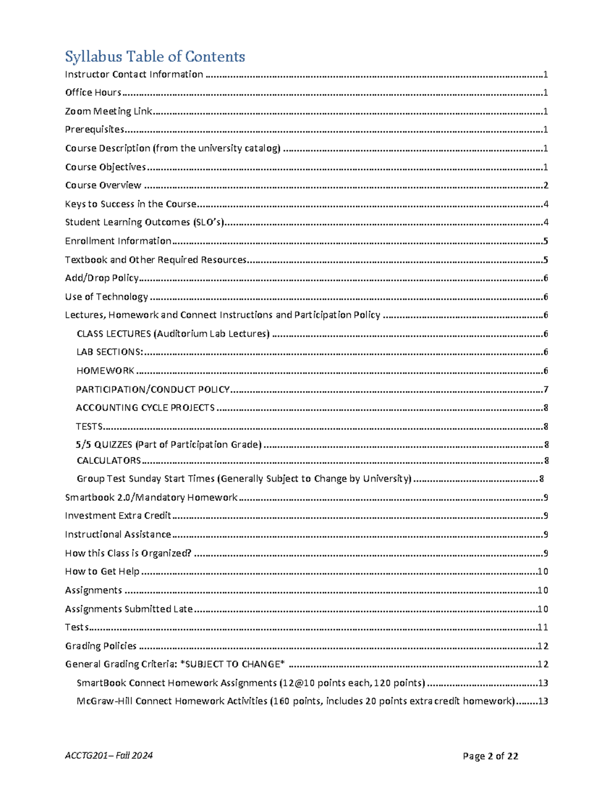 Accounting 201 Syllabus - Syllabus Table of Contents statement) and the ...