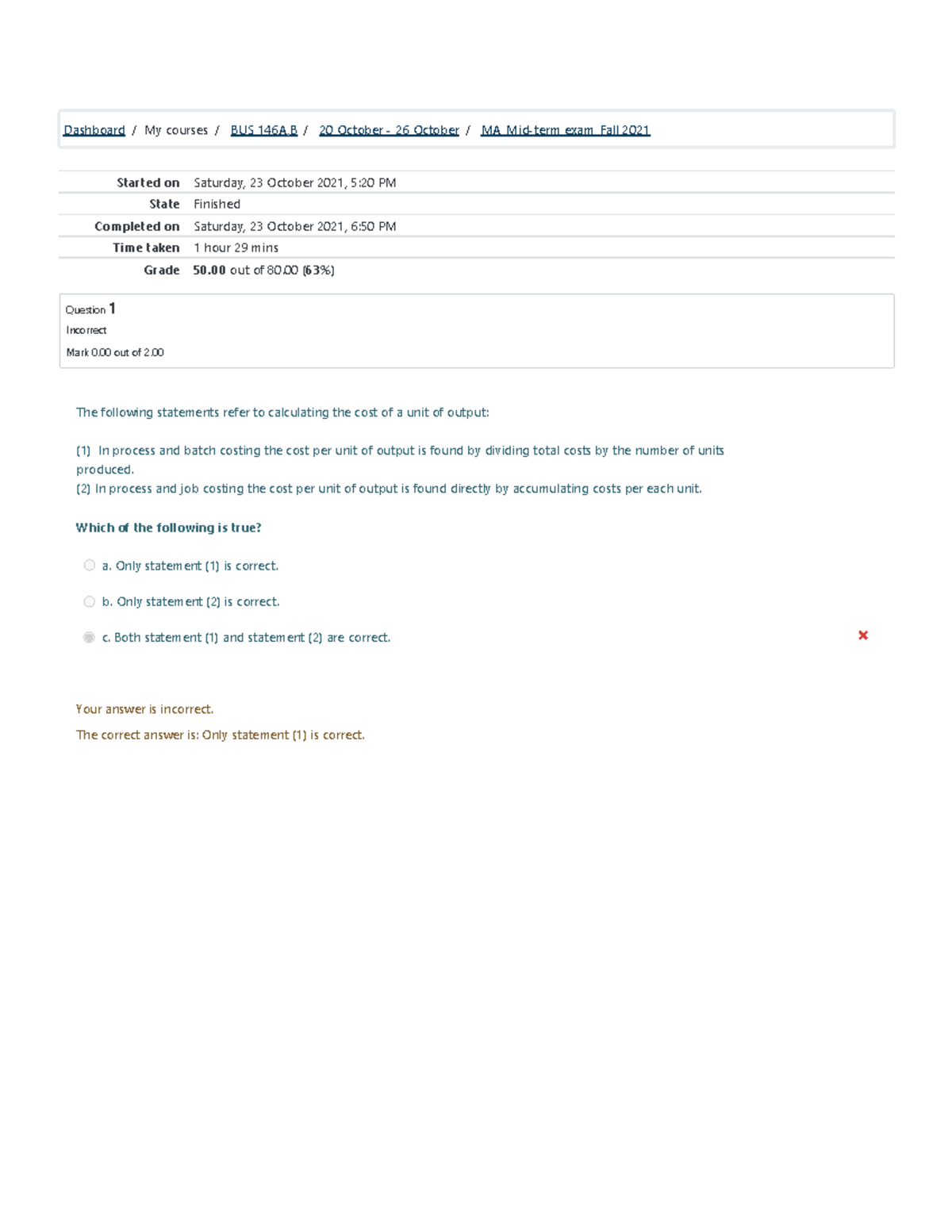BUS146 Midterm Exam Fall 2021 - Started on Saturday, 23 October 2021, 5 ...
