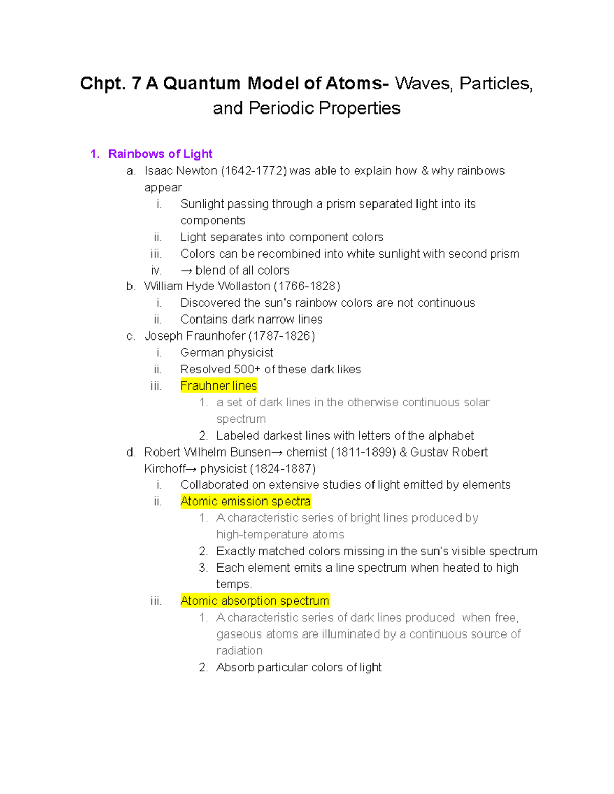 CHM 141 chpt. 7 notes - Chpt. 7 A Quantum Model of Atoms- Waves ...