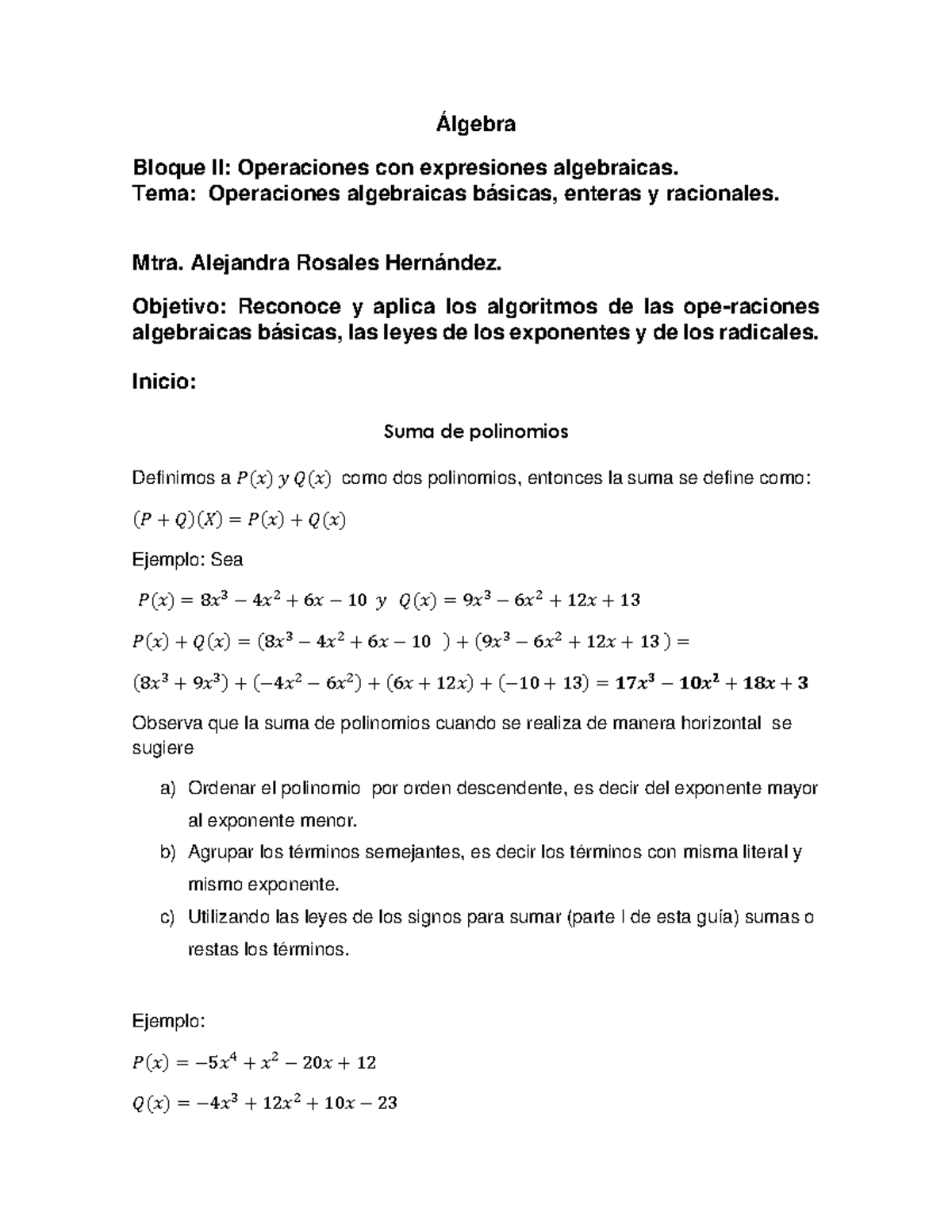 Álgebra sumas de polinomios - Álgebra Bloque II: Operaciones con ...