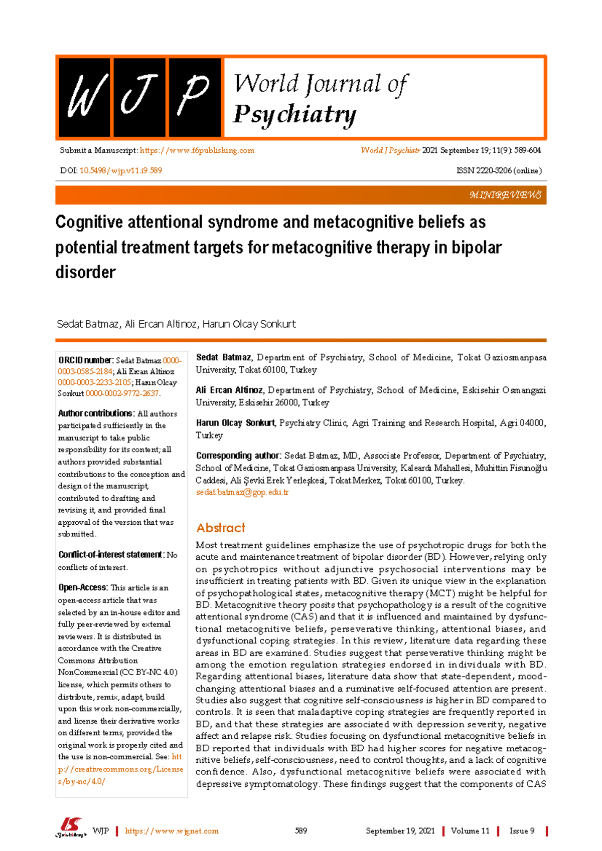 Batmaz Et Al 2021 Cognitive Attentional Syndrome And Metacognitive Beliefs World Journal Of