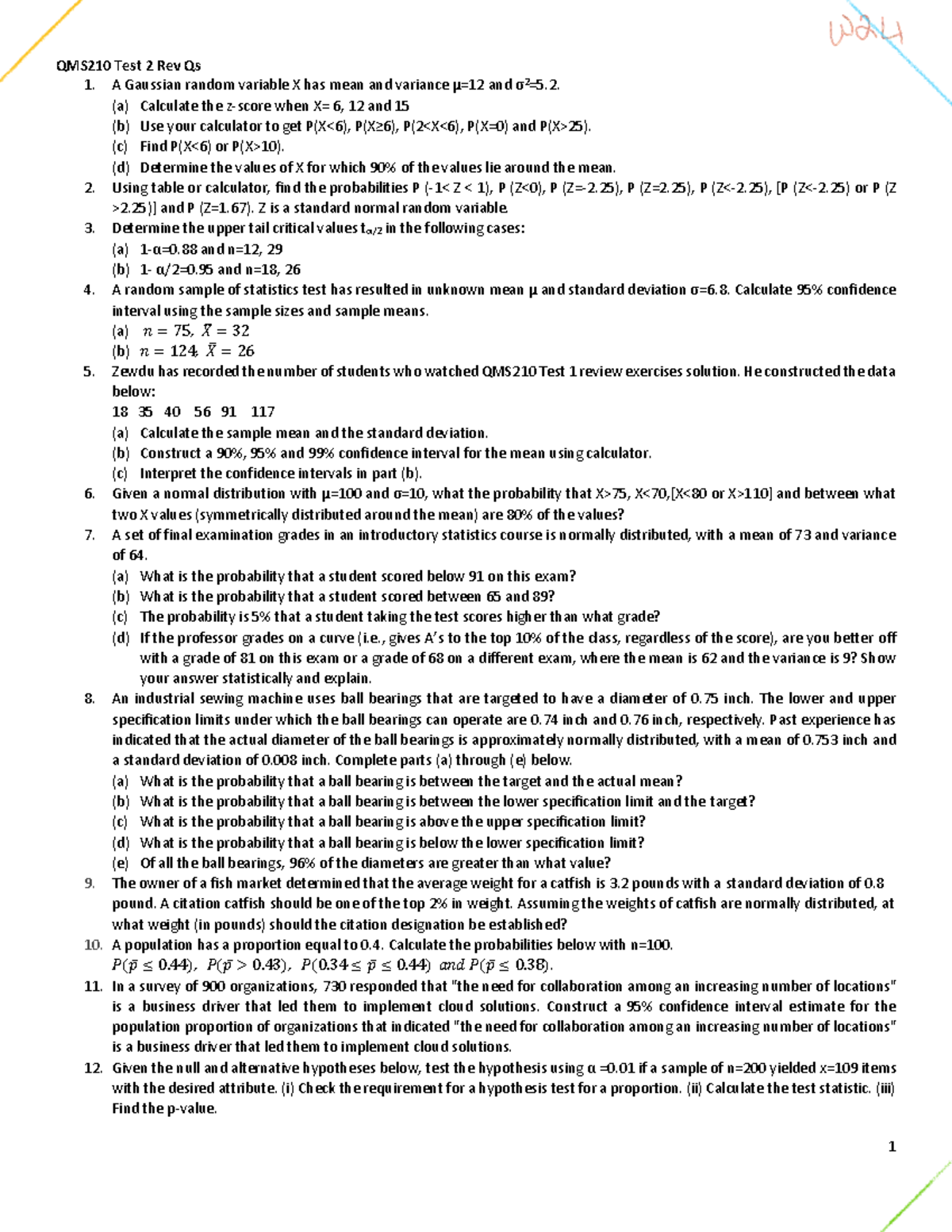 QMS210 Midterm 2 Review Qs - QMS210 Test 2 Rev Qs 1 A Gaussian random ...
