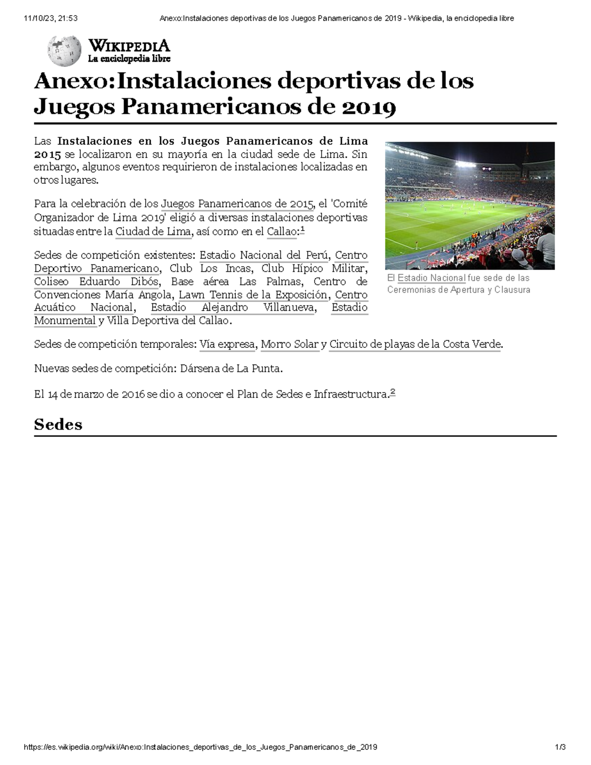 Anexo Instalaciones deportivas de los Juegos Panamericanos de 2019 ...
