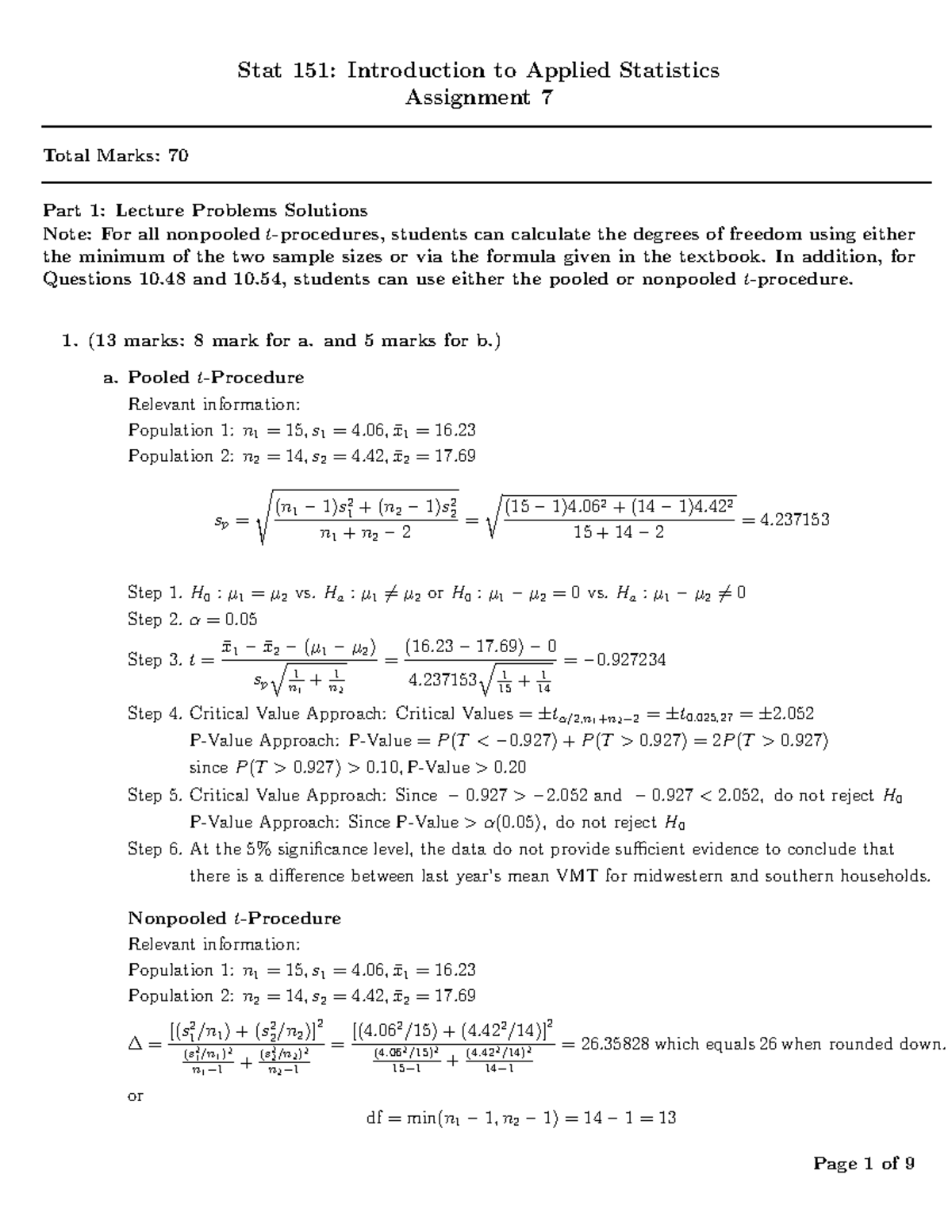 Stat151 Assignment 7 Solutions Warning Tt Undefined Function 32 Warning Tt Undefined