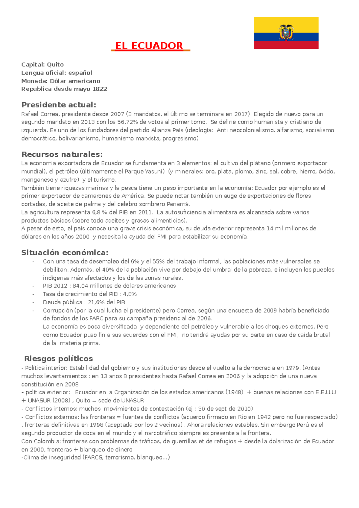 Fiche PAYS - Ecuador - EL ECUADOR Capital: Quito Lengua oficial ...