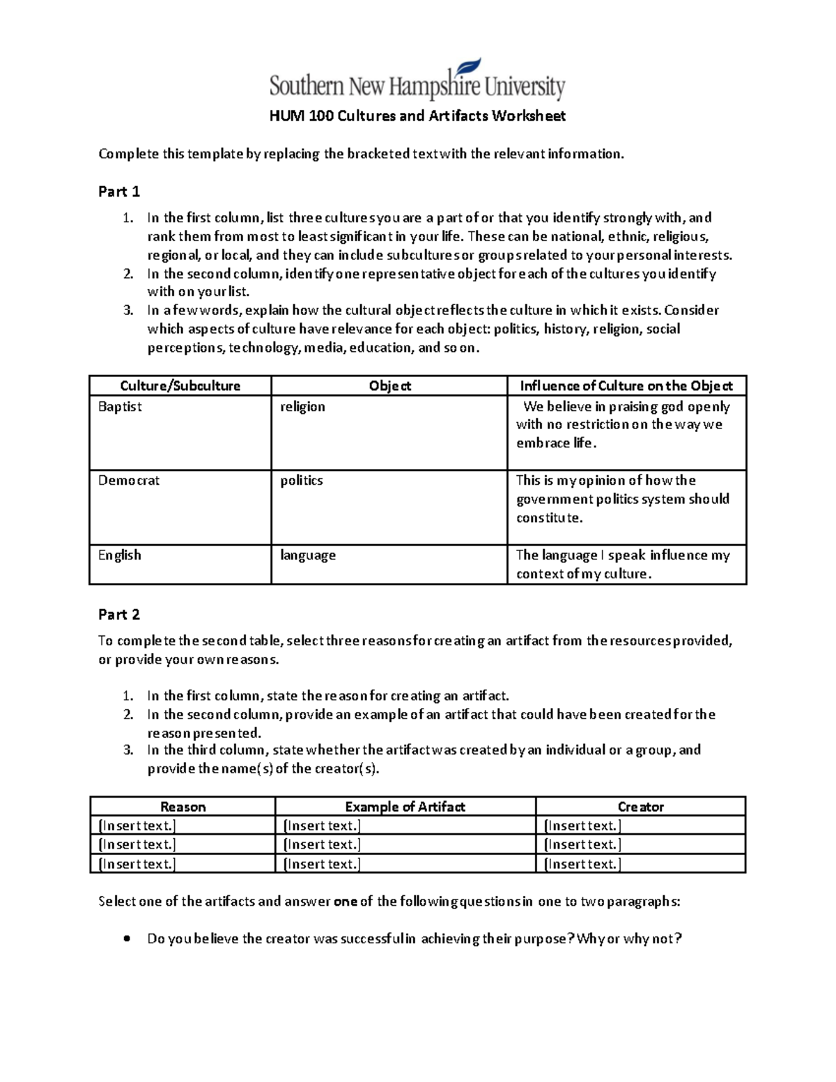 HUM 100 Cultures and Artifacts Worksheet - HUM 100 Cultures and ...