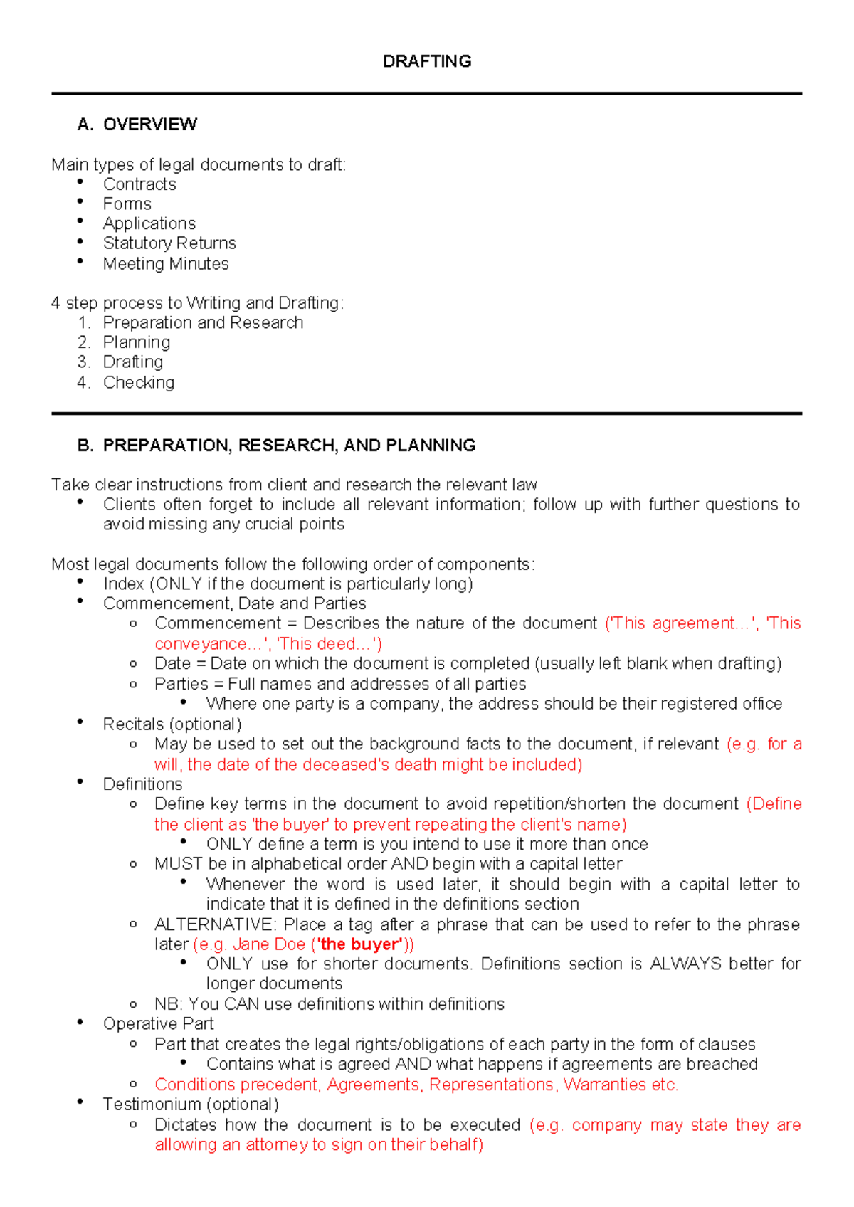 Legal Drafting Summary Notes - DRAFTING A. OVERVIEW Main types of legal ...