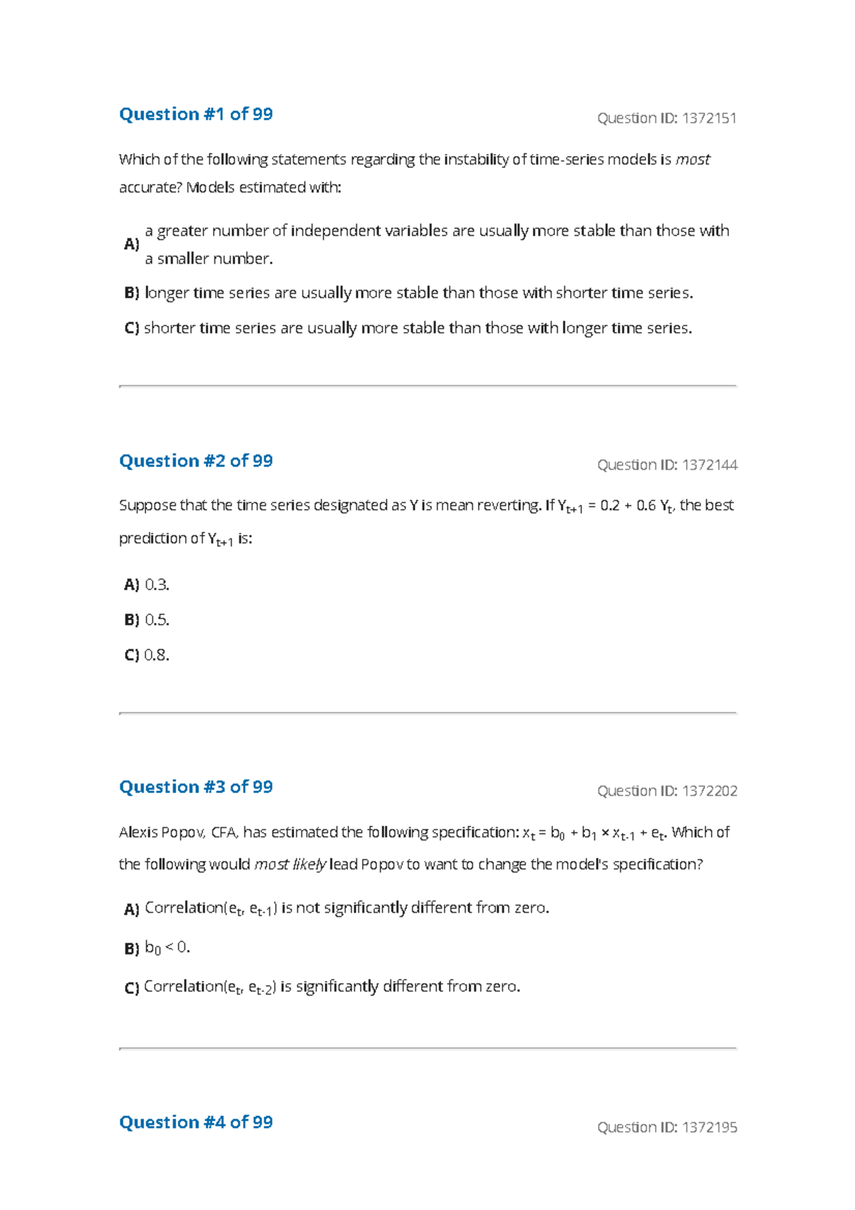Reading 3 Time Series Analysis Question 1 Of 99 Question Id 1372151 Which Of The Following