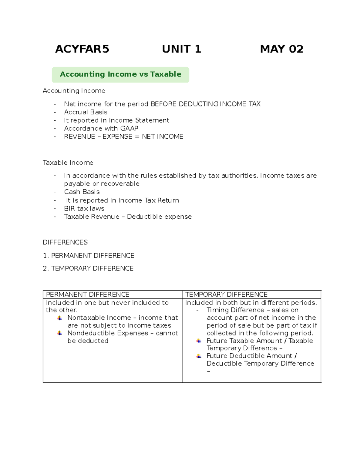 Acyfar 5 Notes - ACYFAR5 UNIT 1 MAY 02 Accounting Income - Net income ...