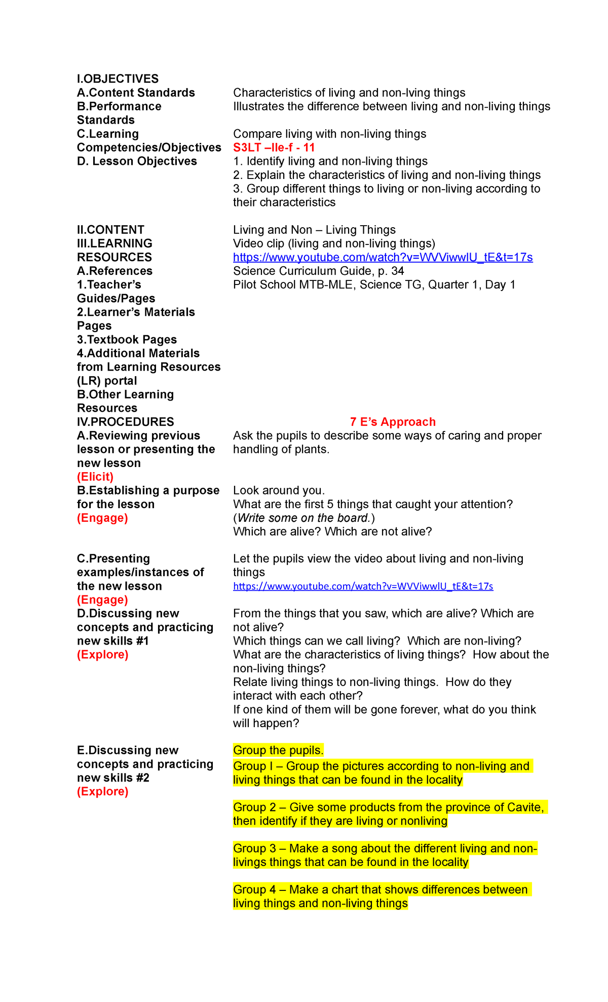 Cot science 3 2nd quarter - I A Standards Characteristics of living and ...
