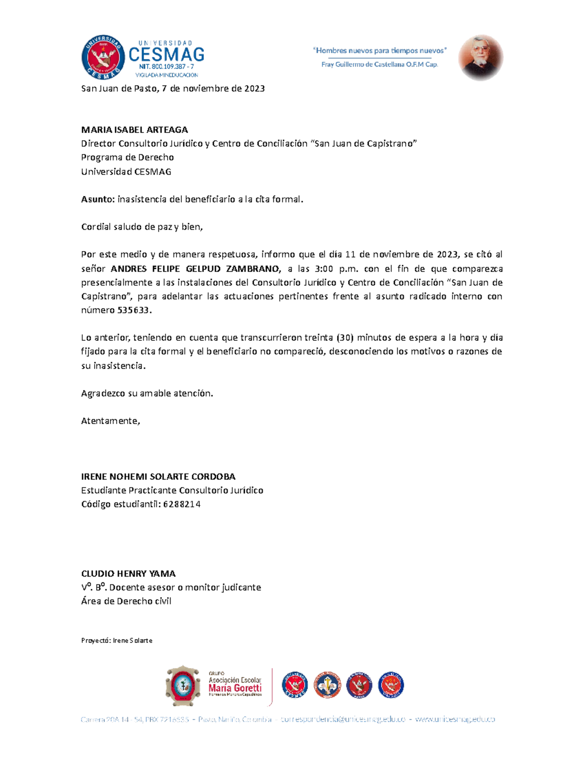 Inasistencia - civil - San Juan de Pasto, 7 de noviembre de 2023 MARIA ...