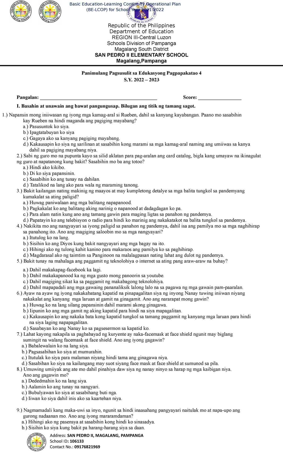 Pretest-ESP - test - Republic of the Philippines Department of ...