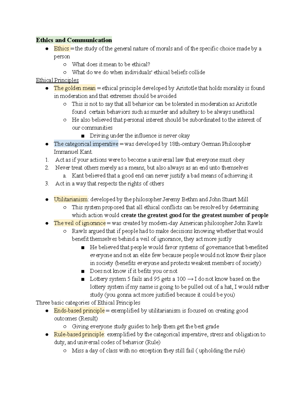 Unit 2 Comm 101 - Study Guide Unit 2 exam - Ethics and Communication ...