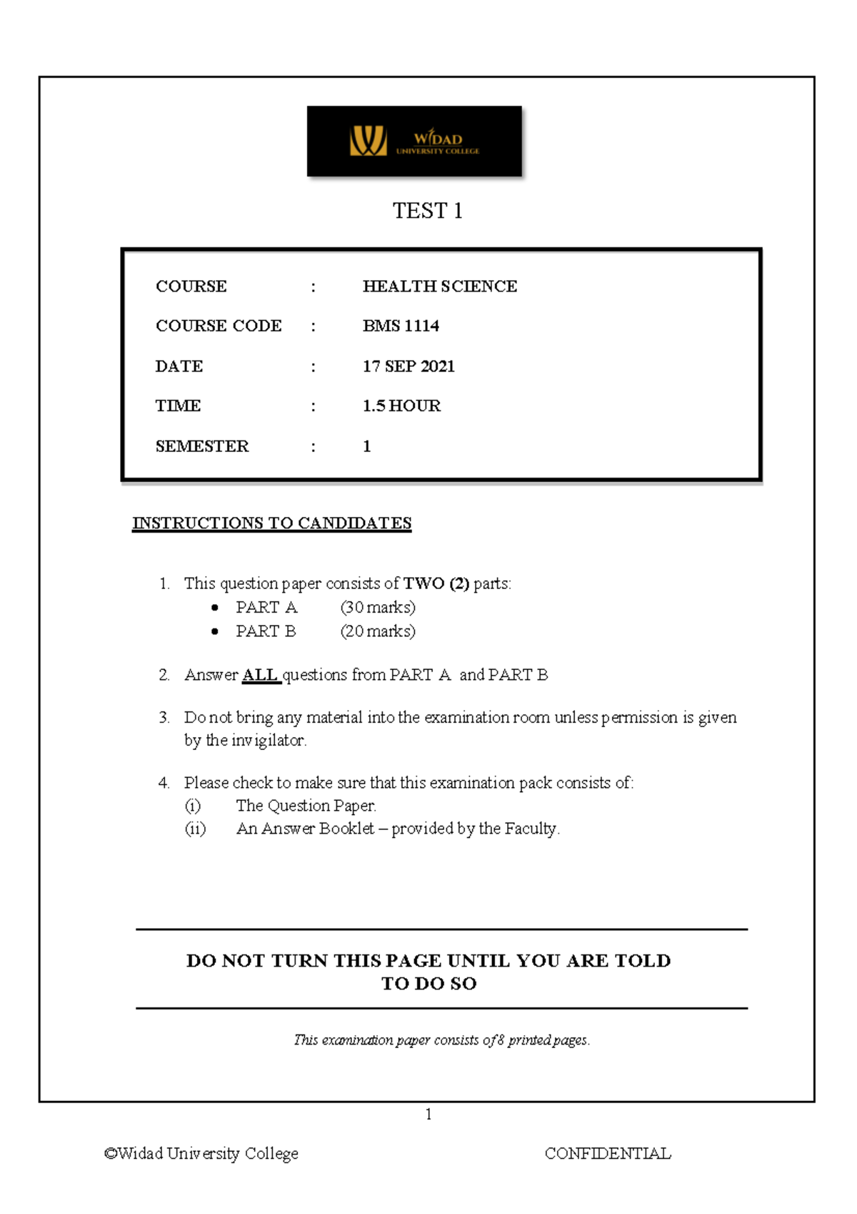 Part A test 1 BASIC MEDICAL SCIENCE 1 TEST 1 INSTRUCTIONS TO