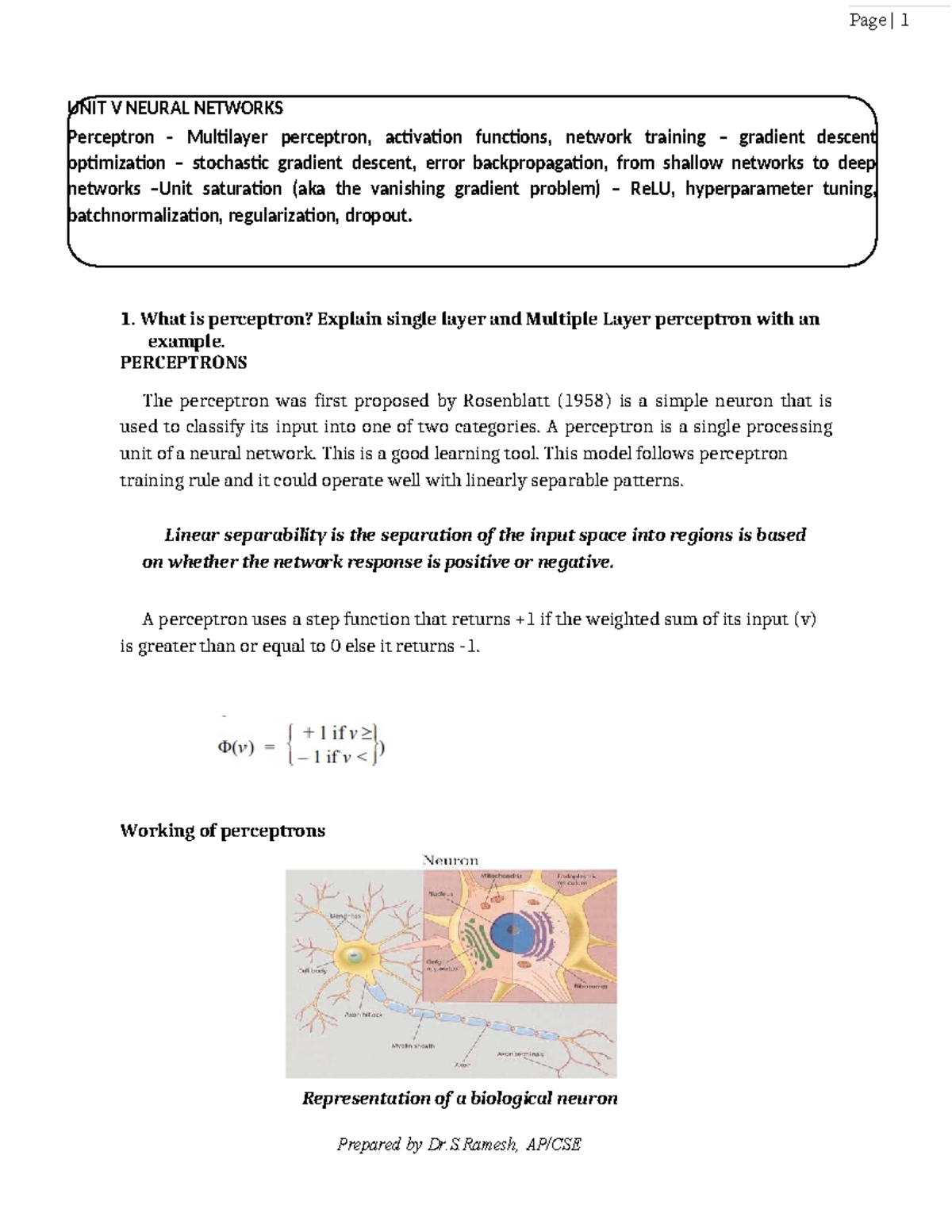 Unit 5 - ARTIFICIAL INTELLIGENCE UNIT 5 - Prepared by Dr.S, AP/CSE What is perceptron? Explain ...