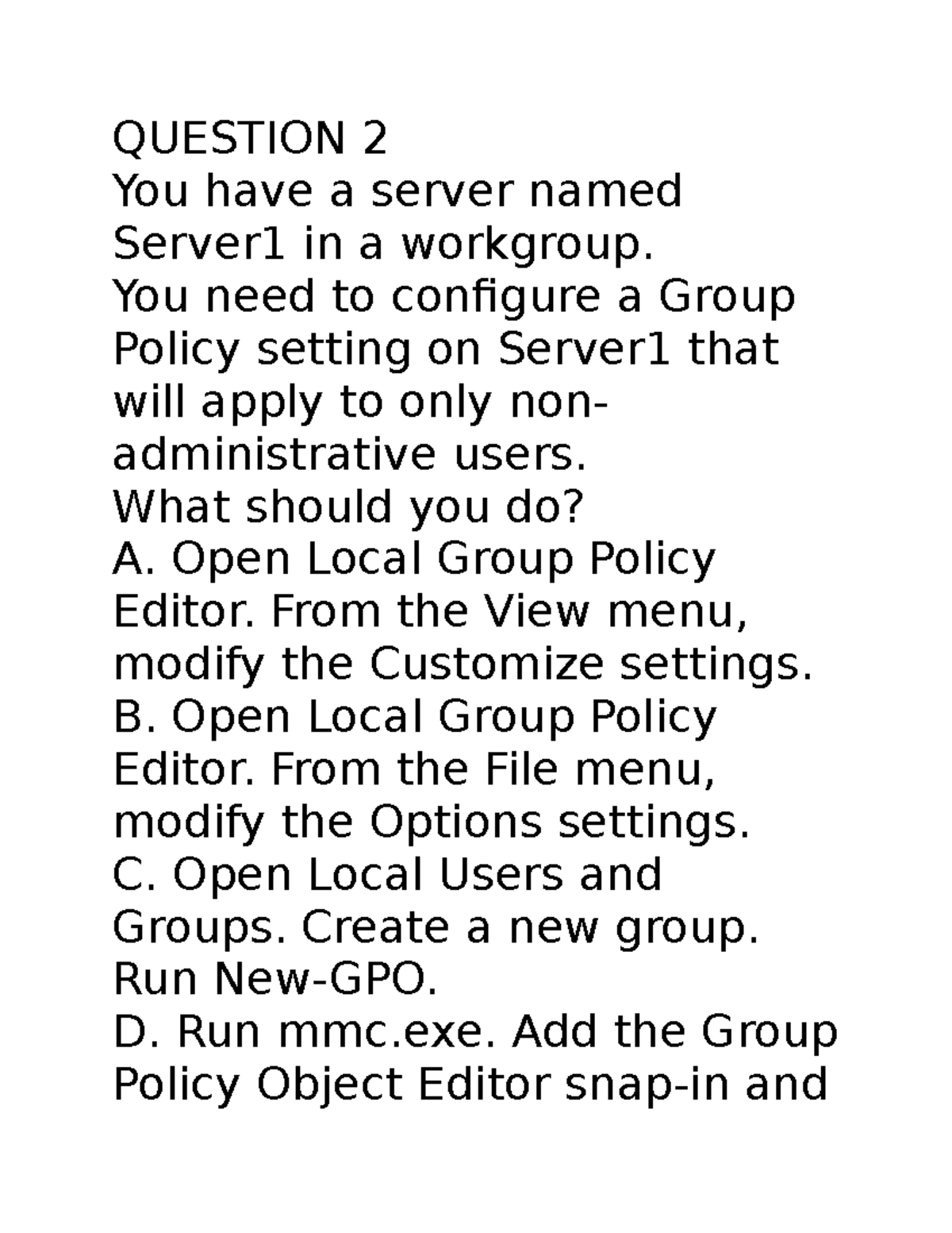 Ch04 Server 2016 P2 Multiple Choice Questions With Answers QUESTION
