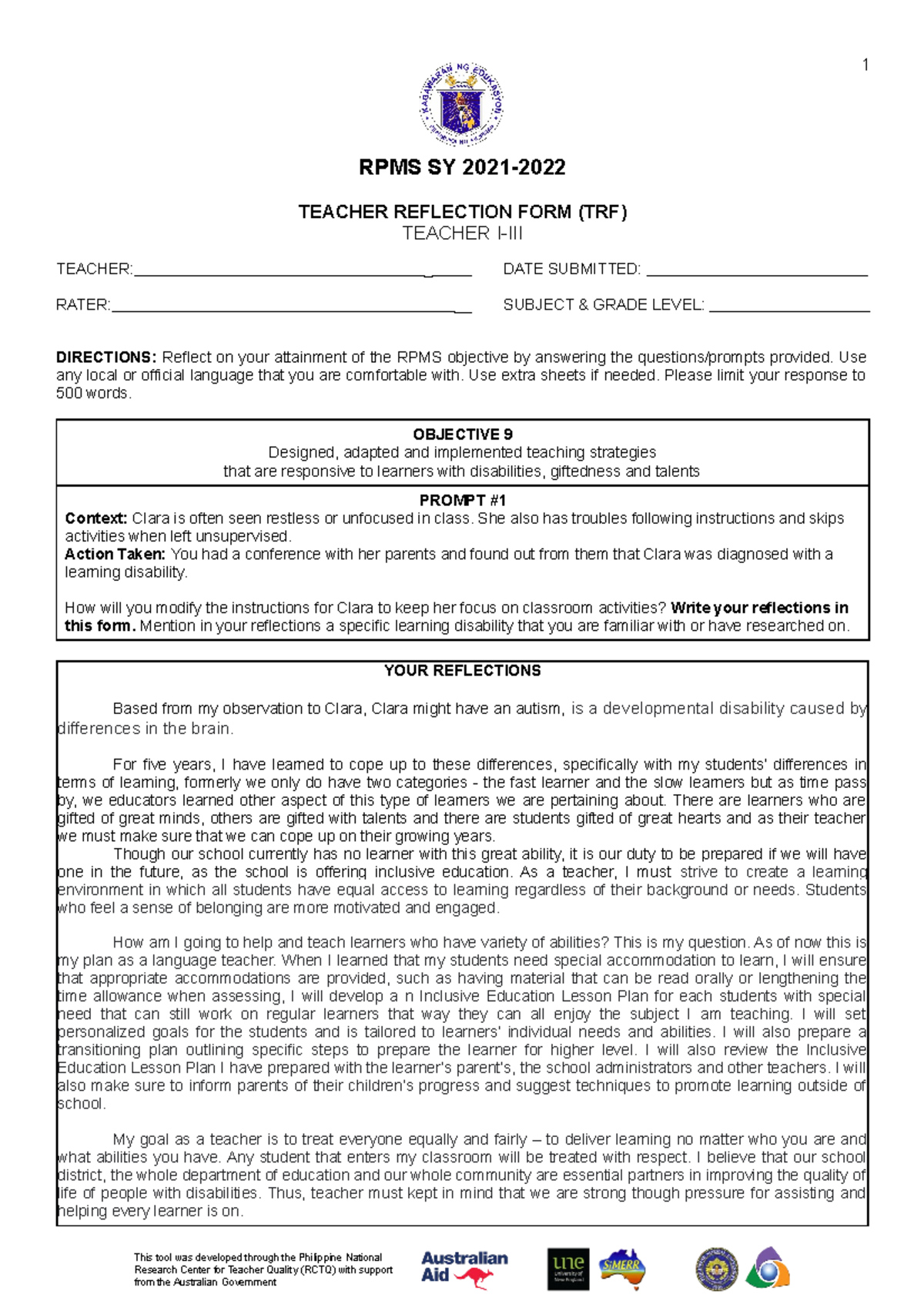 [Appendix 4A] Teacher Reflection Form for T I-III for RPMS SY 2021-2022 ...