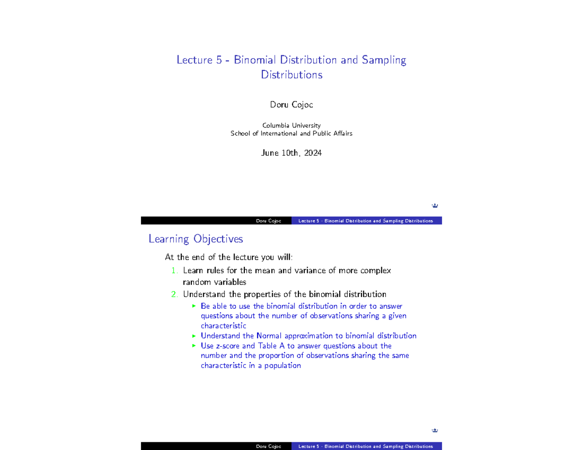 Handout 5 - Lecture 5 - Binomial Distribution and Sampling ...