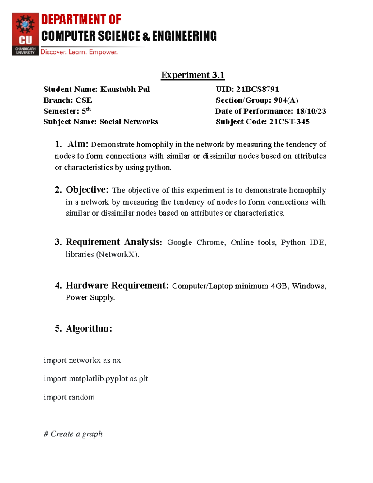 SN exp8 - Exp 8 - COMPUTER SCIENCE & ENGINEERING Experiment 3. Student Name: Kaustabh Pal UID ...