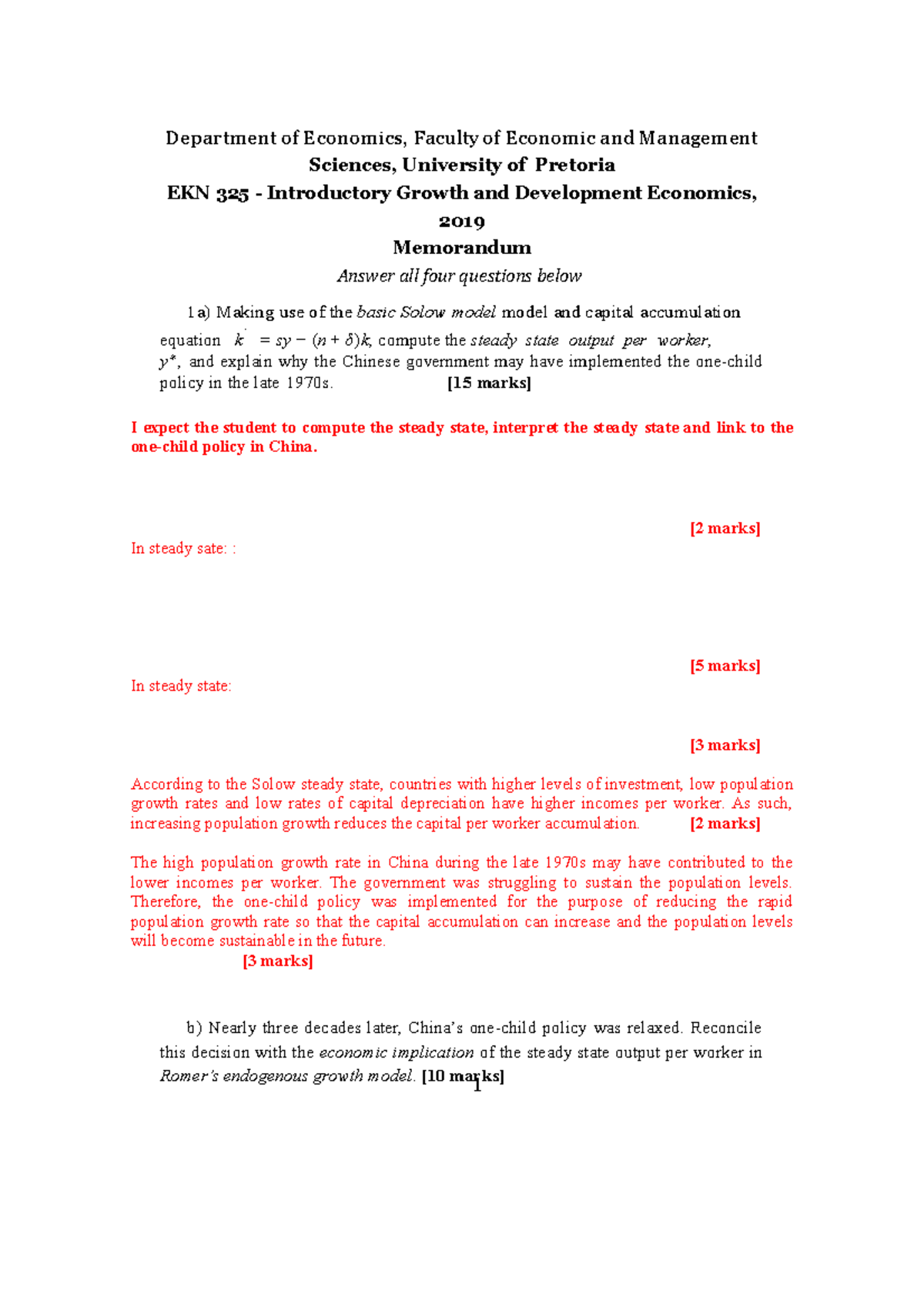 Exam memo 2019 - Past paper memo - 1 Department of Economics, Faculty ...