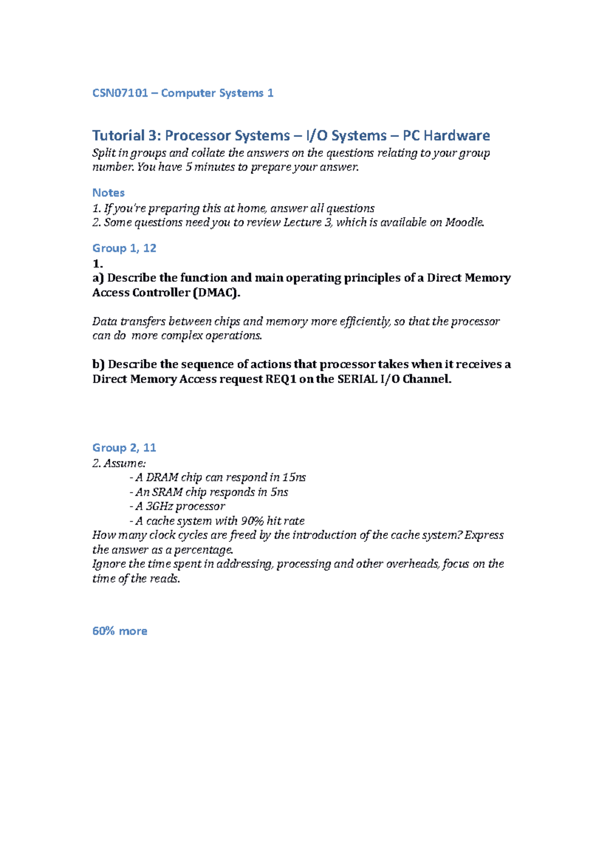 Tutorial 3 with answers - CSN07101 – Computer Systems 1 Tutorial 3 ...