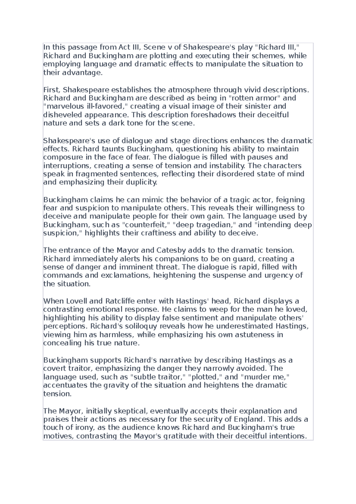 Richard III 15/15 Whole Text Essay - In this passage from Act III ...