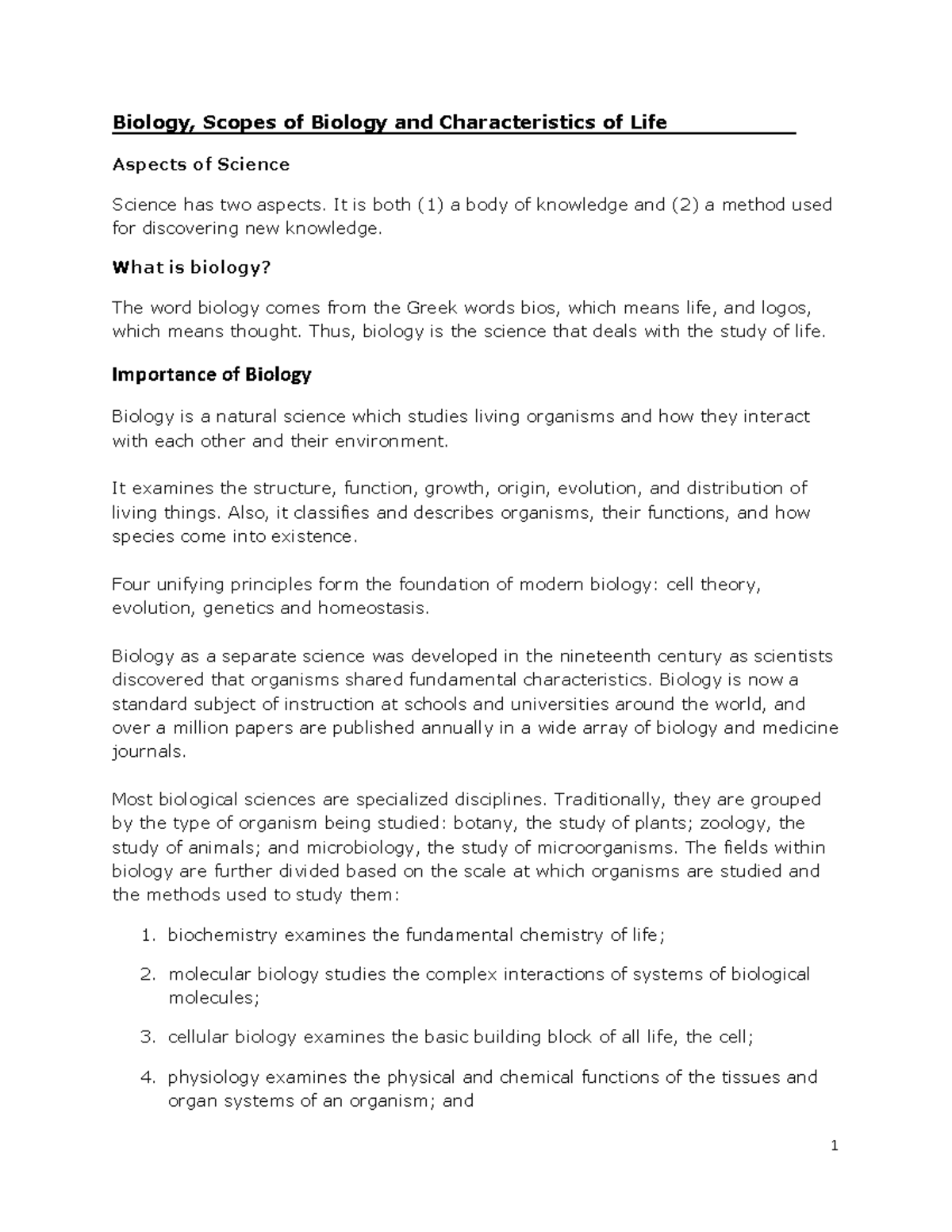 Biology, Scopes of Biology and Characteristics of Life - Aspects of ...