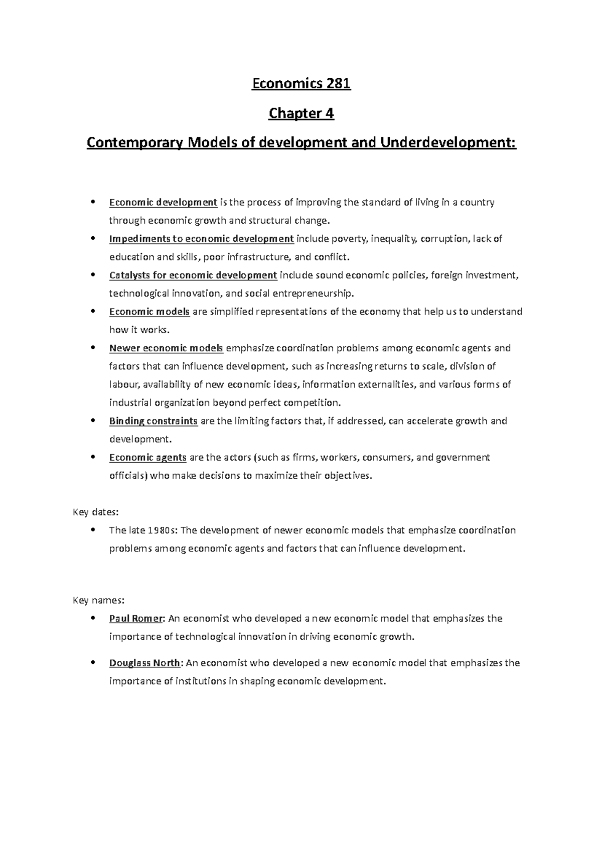Economics 281 chapter 4 - Economics 281 Chapter 4 Contemporary Models of development and - Studocu