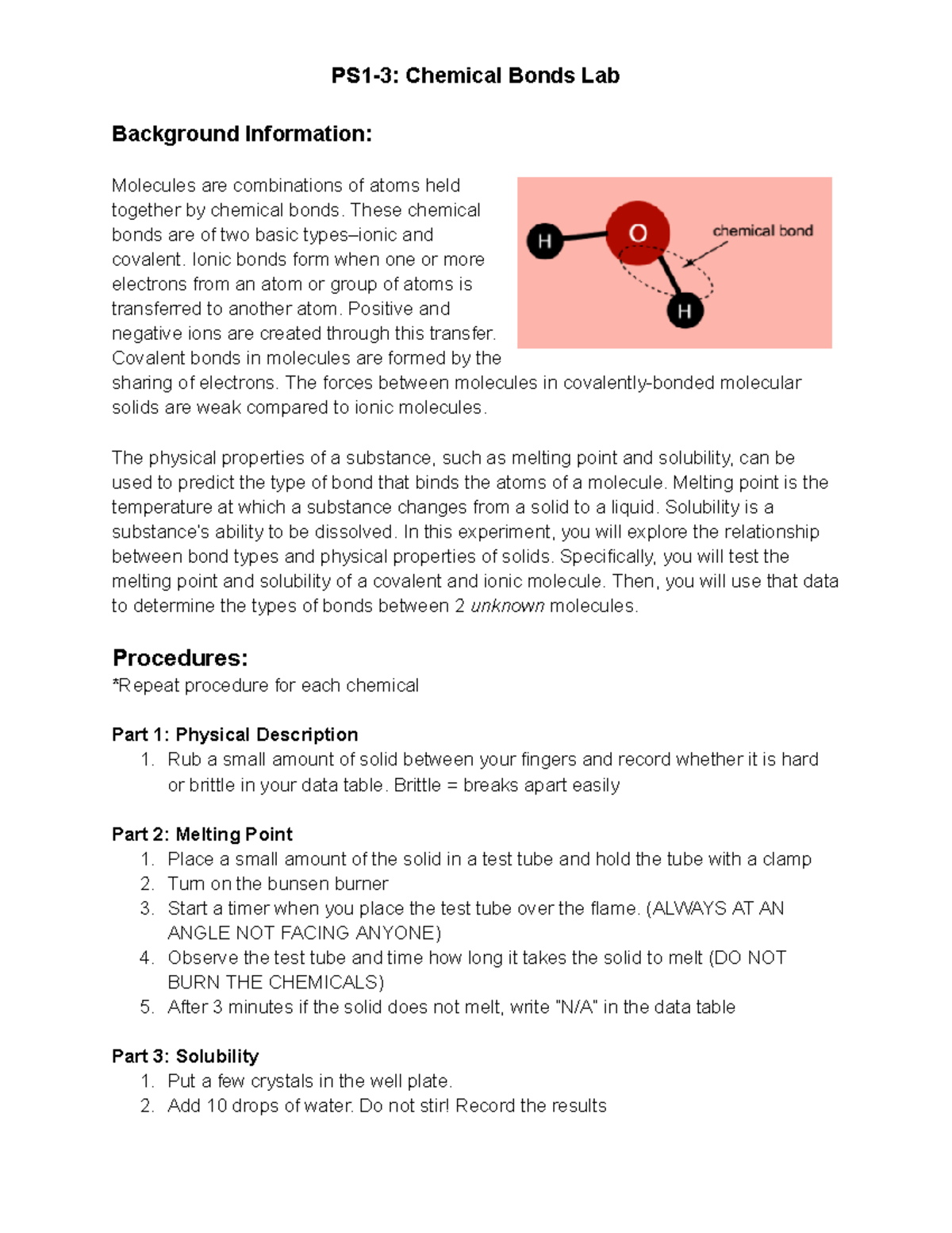 PS1-3 Chemical Bonds Lab - PS1-3: Chemical Bonds Lab Background ...