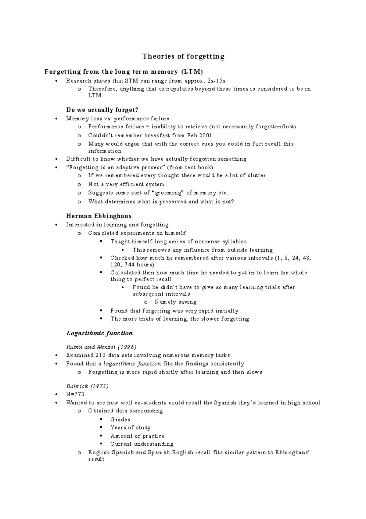 Cog Psy 6 - Theories of forgetting - Theories of forgetting Forgetting ...