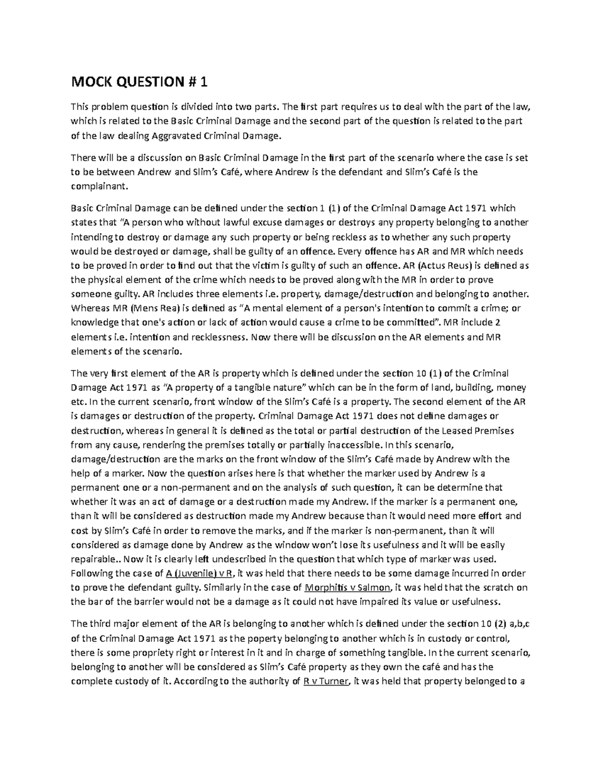 MOCK Questions for PreParation of criminal law exams - MOCK QUESTION ...