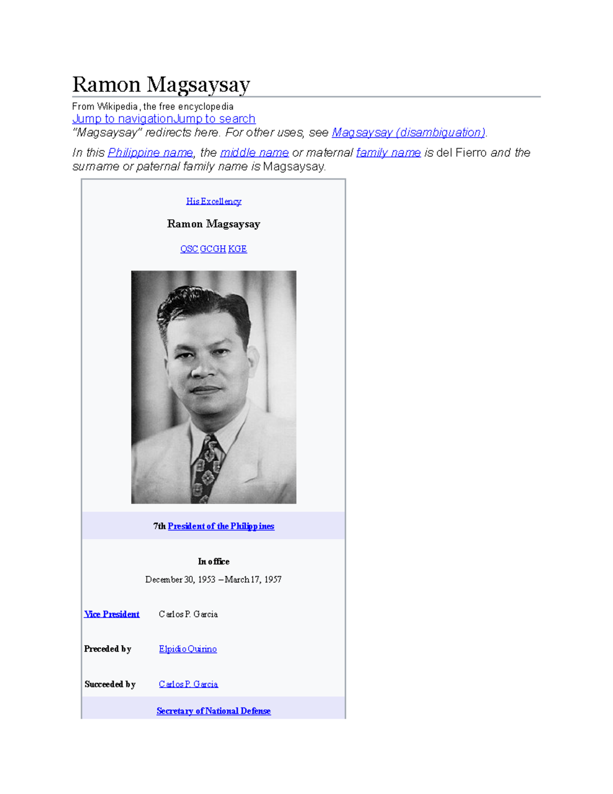 Ramon Magsaysay - President of the philppines Uncorruptible president ...