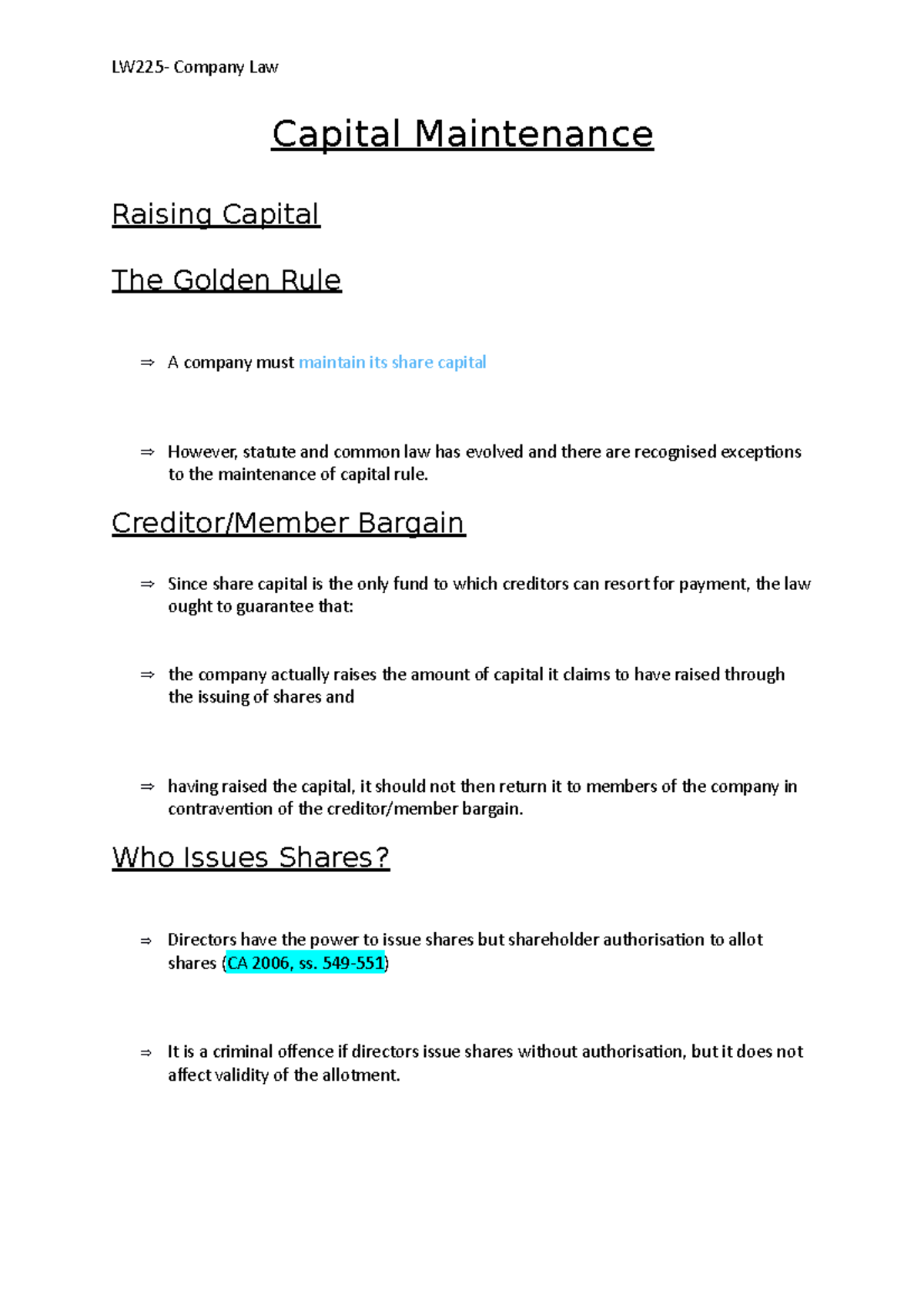 Capital Maintenance - lecture notes company - Capital Maintenance ...