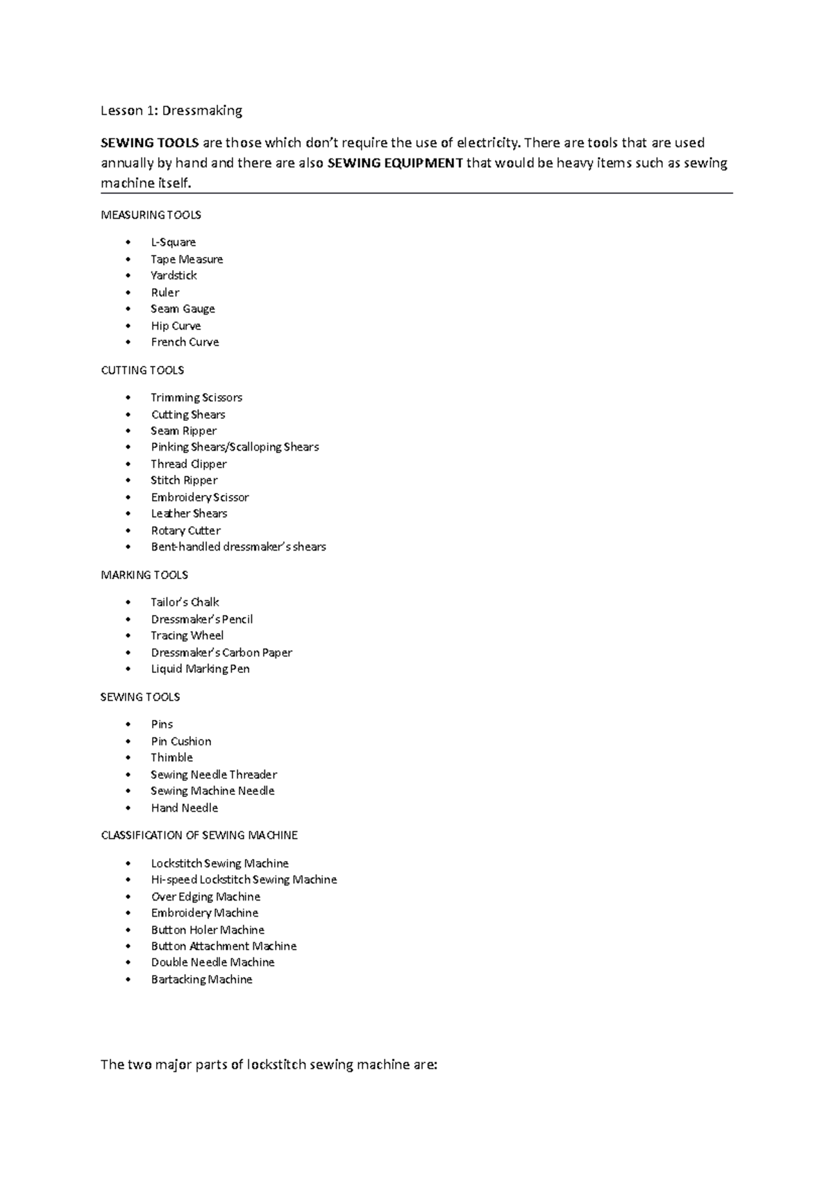 Tle - sewing techniques - Lesson 1: Dressmaking SEWING TOOLS are those ...
