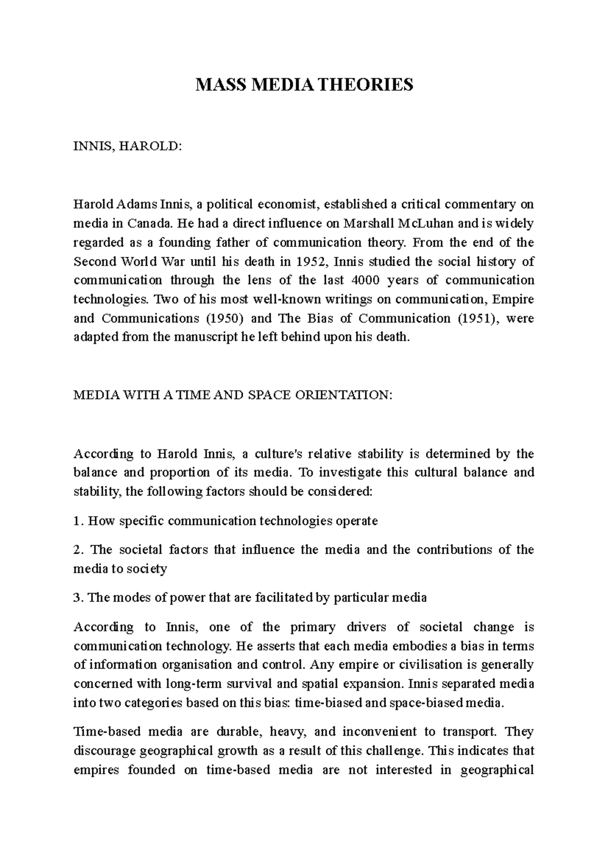 MASS Media Theories - Lecture notes 4 - MASS MEDIA THEORIES INNIS ...