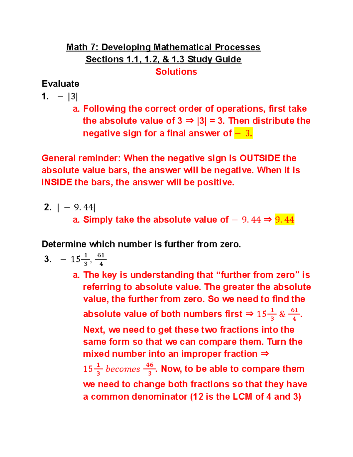 Copy of Study Guide Solutions 1.1, 1.2, 1.3 Quiz - Math 7: Developing ...