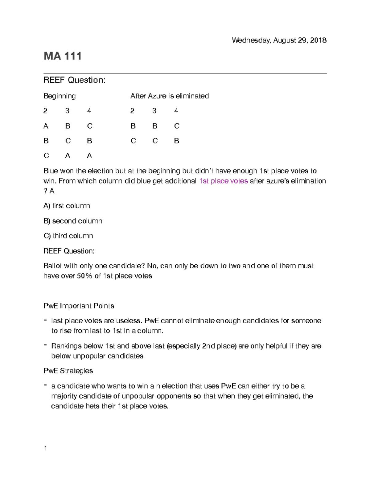 MA 111 Voting Methods PDF - Wednesday, August 29, 2018 MA 111 REEF ...