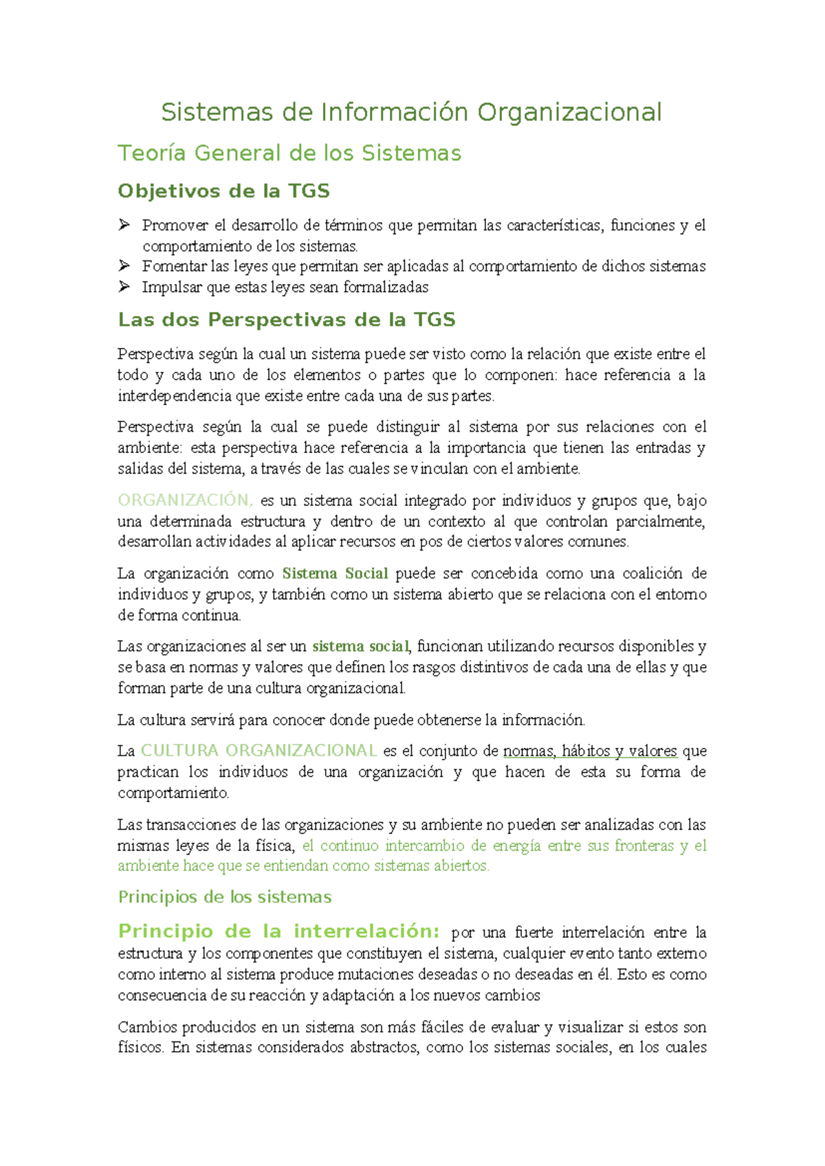 SIO - Parcial 1 - Sistemas de Información Organizacional Teoría General de los Sistemas ...