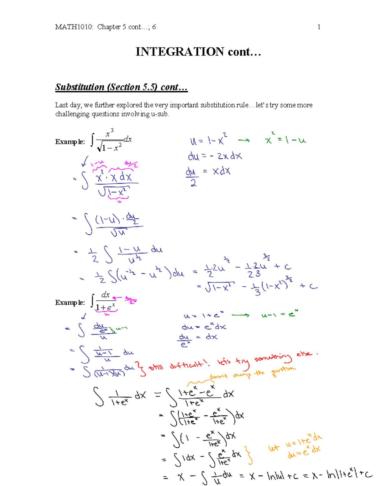 Area Under Curve Integration Integration Cont Substitution Section 5 Cont Last Day 
