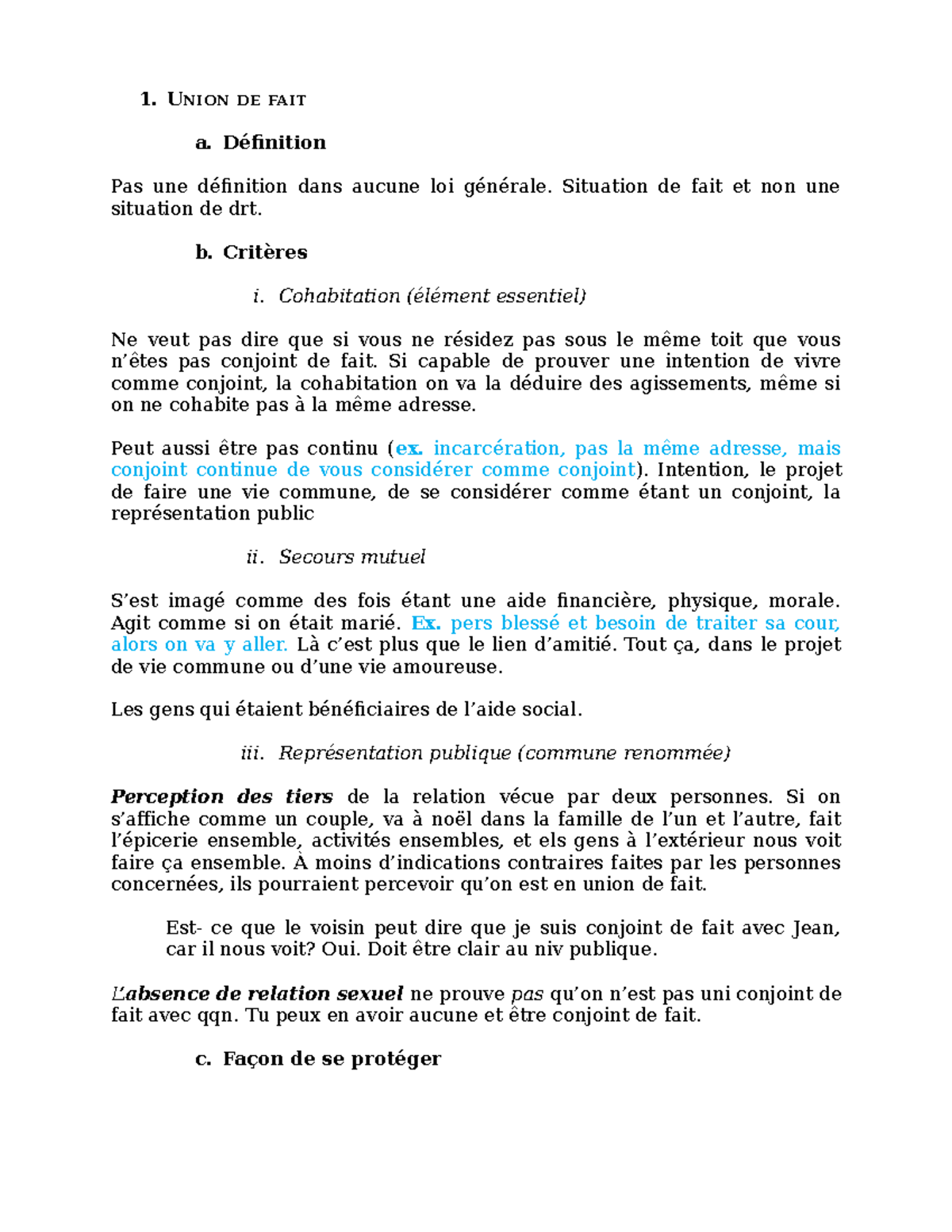 DRT218 Notes Cours 6 - Michèle Beaupré - 1. UNION DE FAIT a. Définition ...