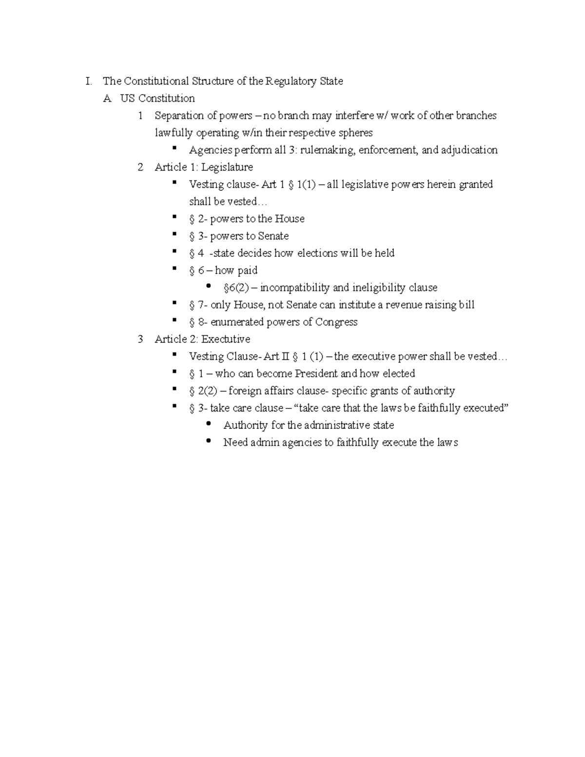 Legislation Law Outline - 1 - I. The Constitutional Structure of the ...