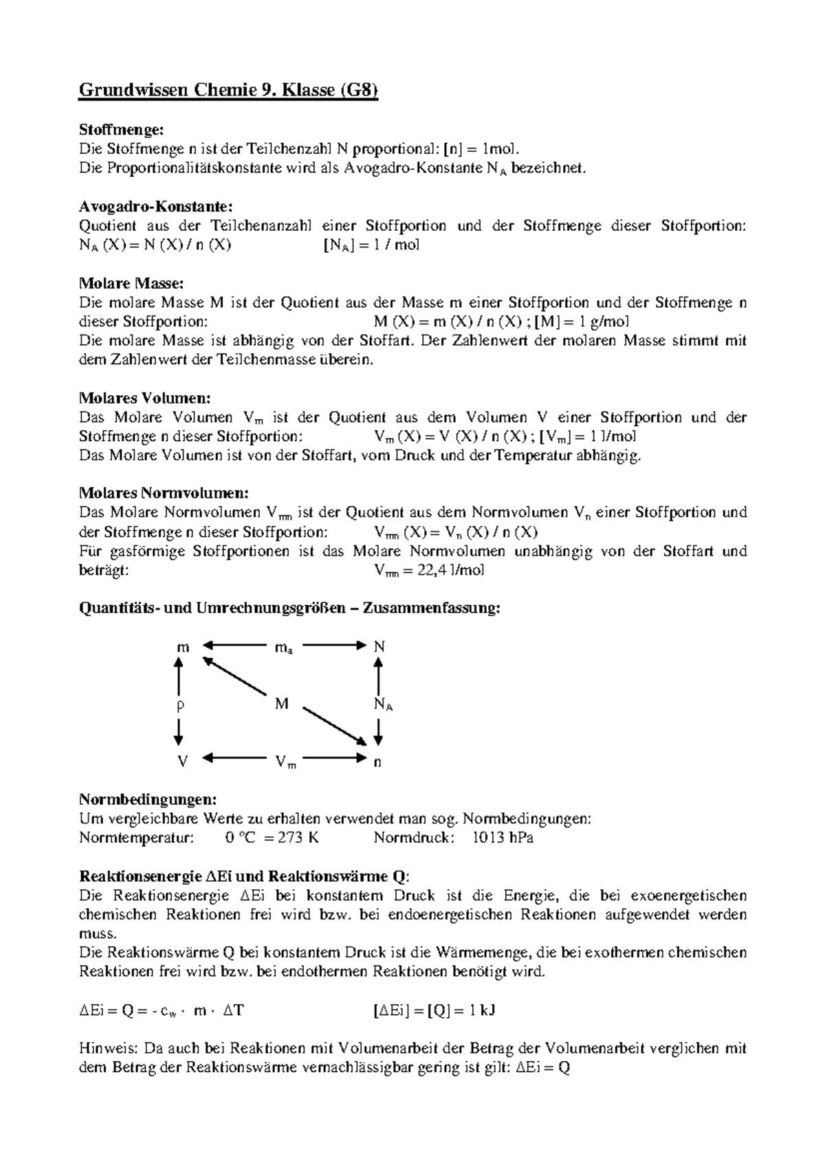 Grundwissen 9 - Klasse (G8) Stoffmenge: Die Stoffmenge n ist der ...